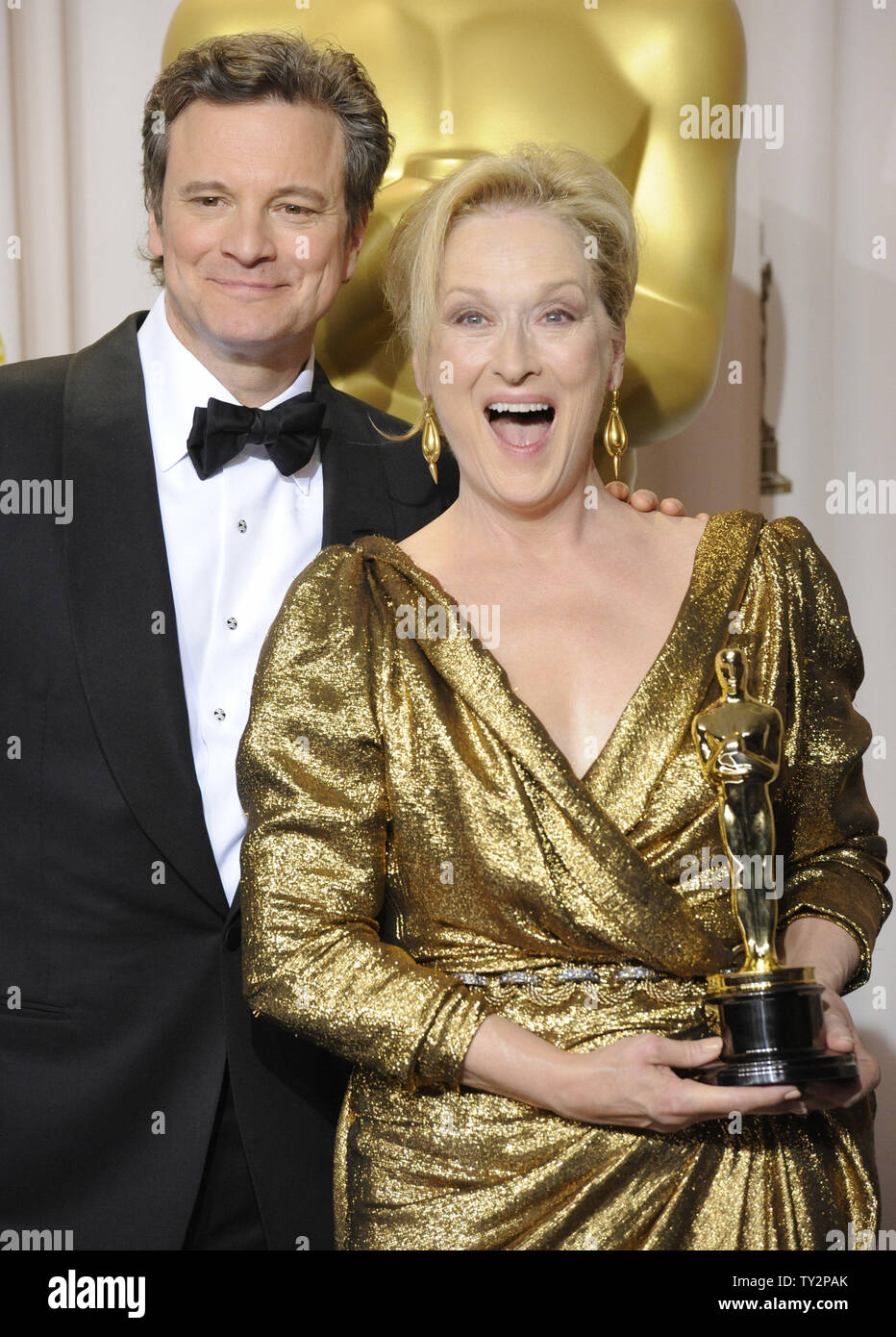 Meryl Streep poses with Colin Firth after winning an Oscar for best ...
