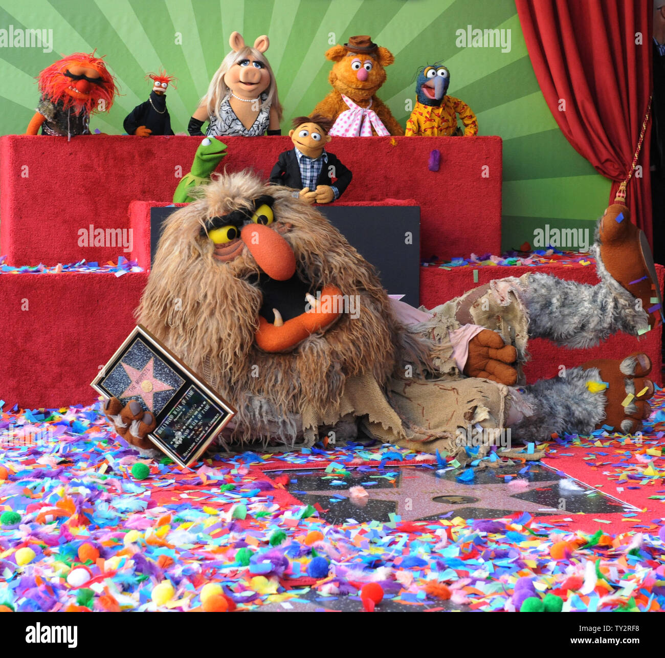 Muppets Animal, Pepe, Miss Piggy, Fozzie, Gonzo, (L-R, rear) and Kermit ...