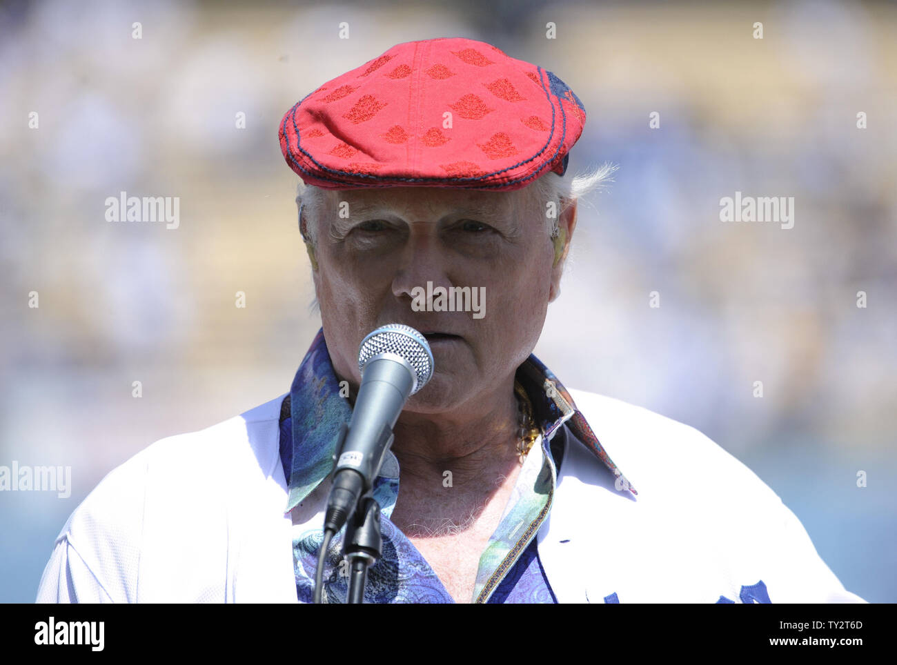 Mike Love of The Beach Boys sings before the Los Angeles Dodgers play ...