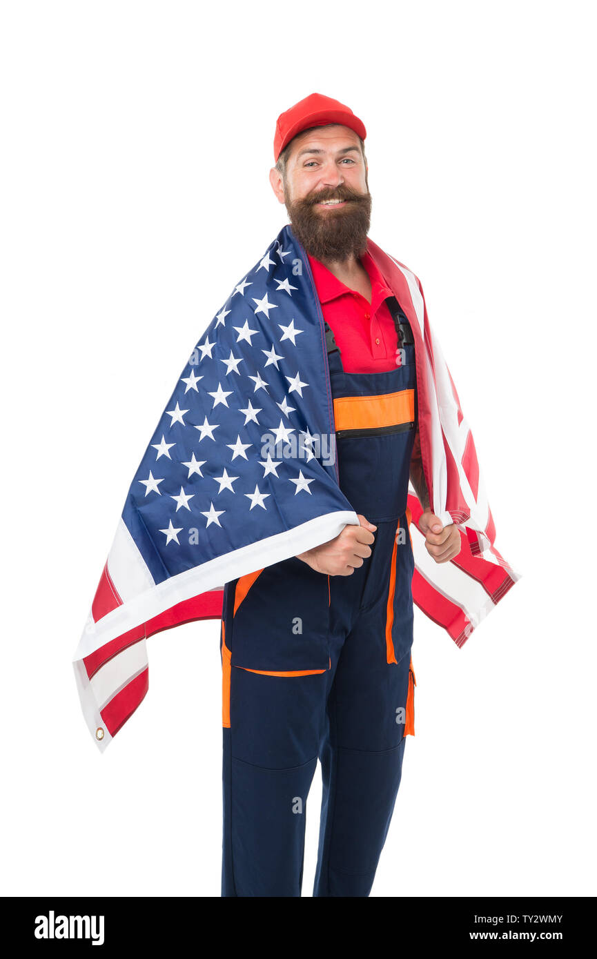Career growth. Man hold american flag. Repair and renovation. Guy ...