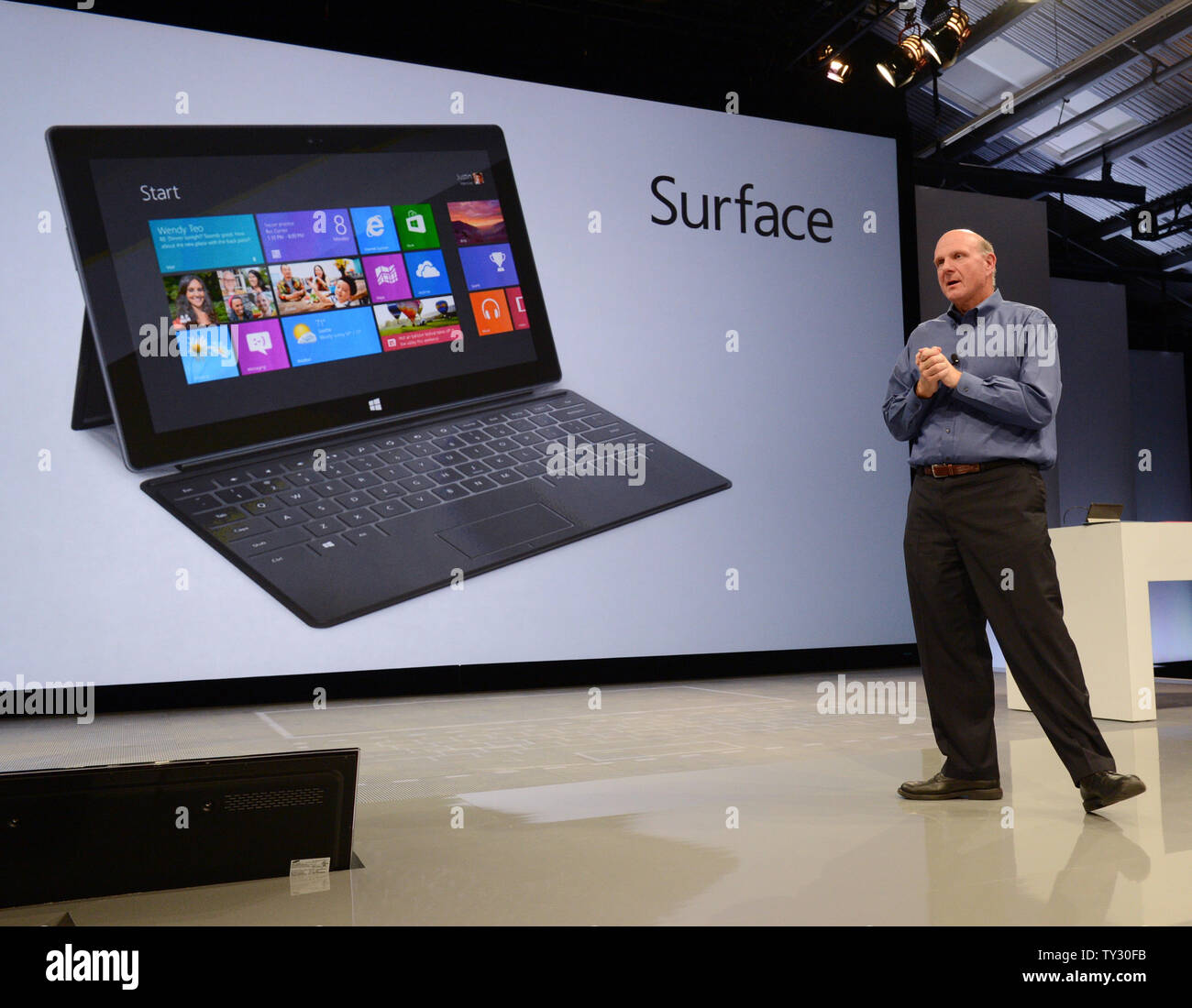 Microsoft CEO Steve Ballmer shows the new tablet called Surface during ...