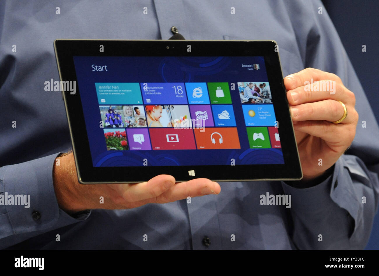 Microsoft CEO Steve Ballmer shows the new tablet called Surface during ...