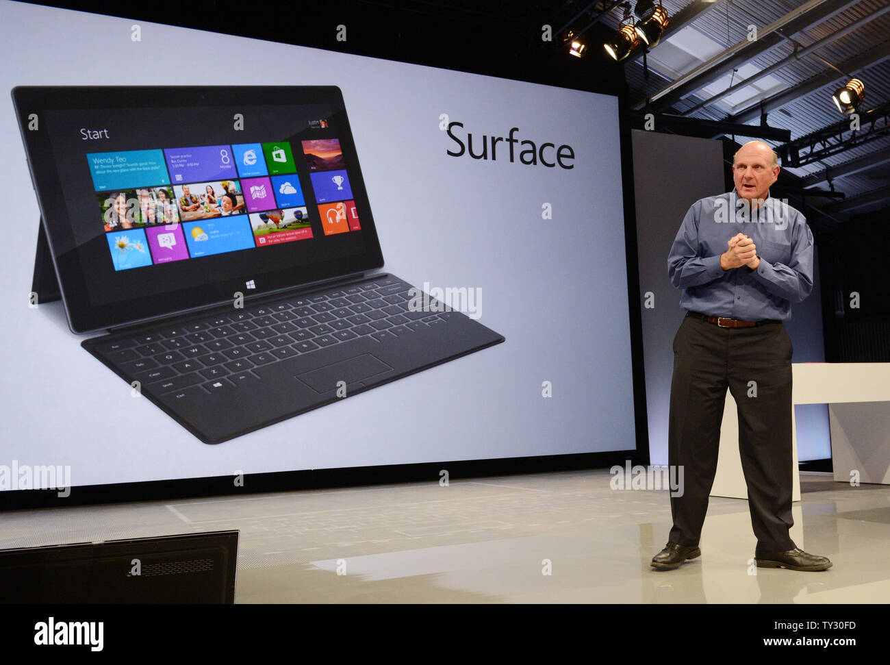 Microsoft CEO Steve Ballmer shows the new tablet called Surface during ...