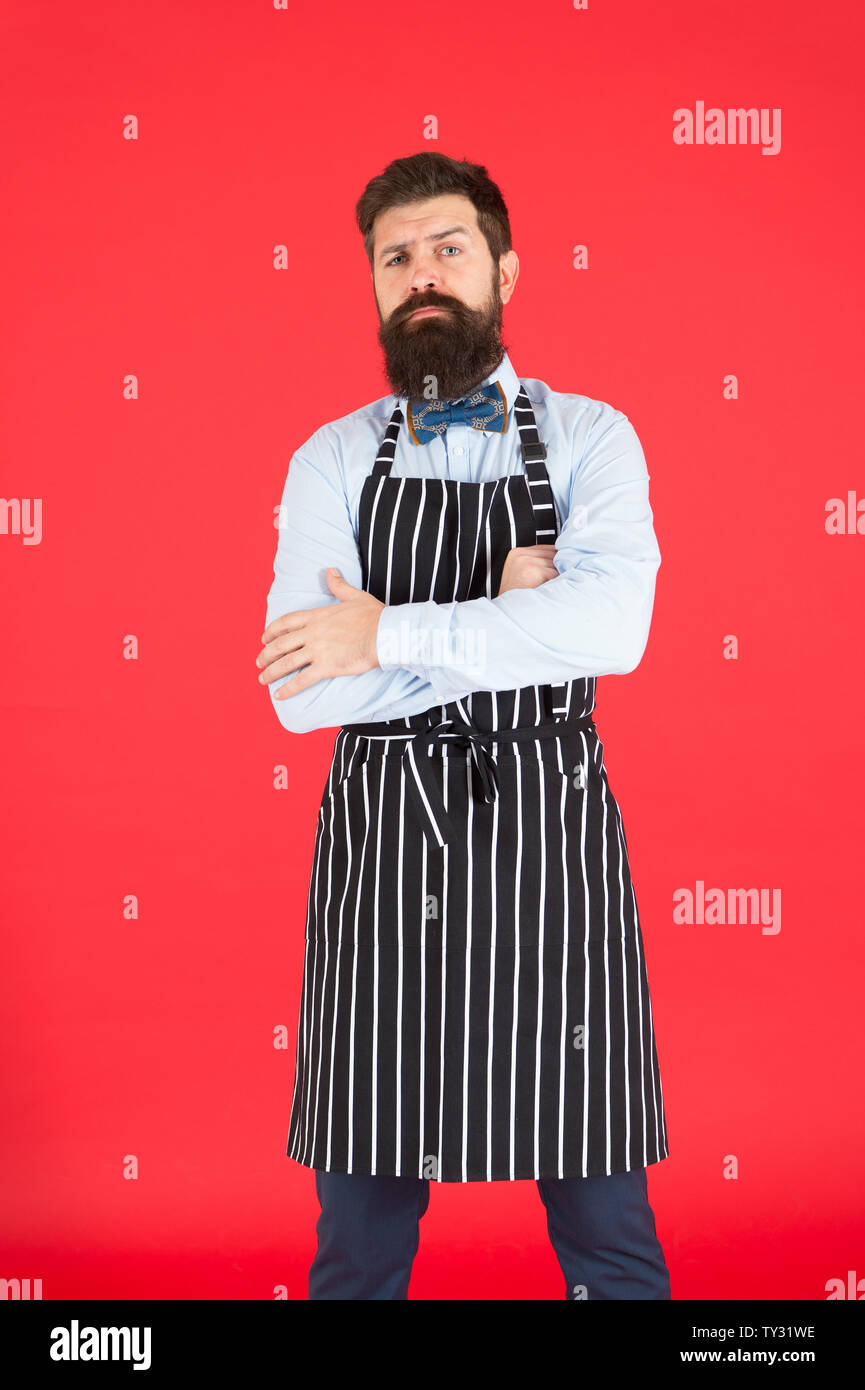 How can I help you. Hipster cafe concept. Man with beard cook hipster ...