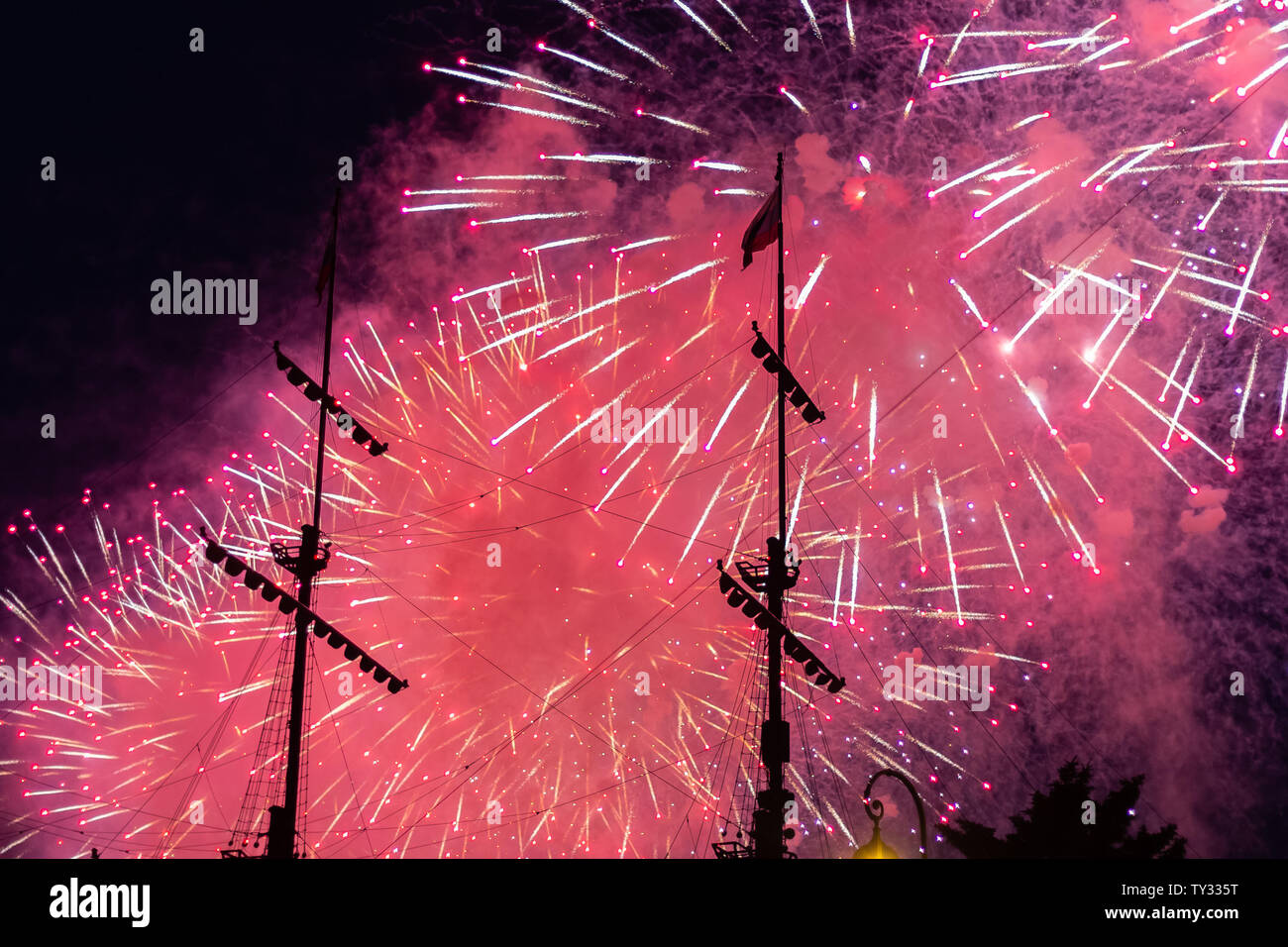 fireworks ship background festival celebration Stock Photo - Alamy