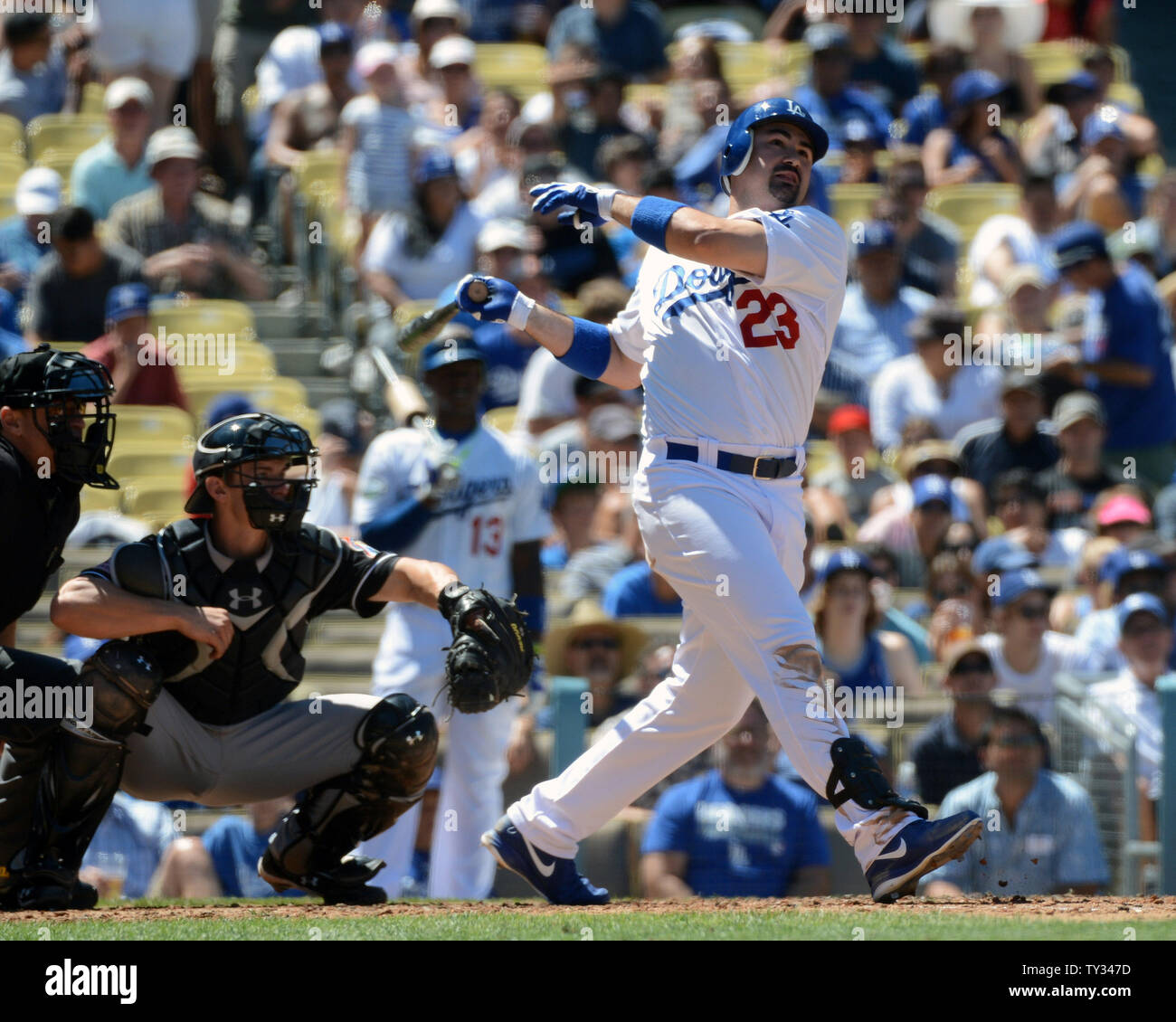 Los Angeles Dodgers Adrian Gonzalez, in his first at bat with the team ...