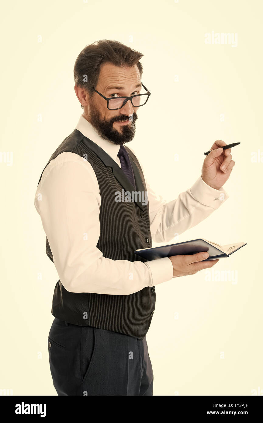 Business academy lecturer. Man formal clothes hold notepad white ...