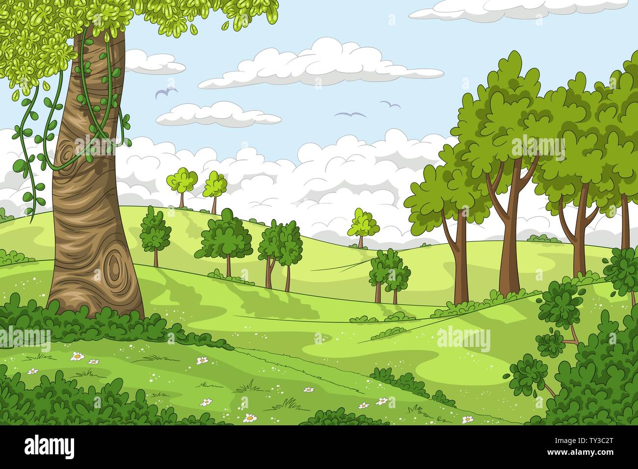 Cartoon summer landscape with trees. Vector illustration with separate ...