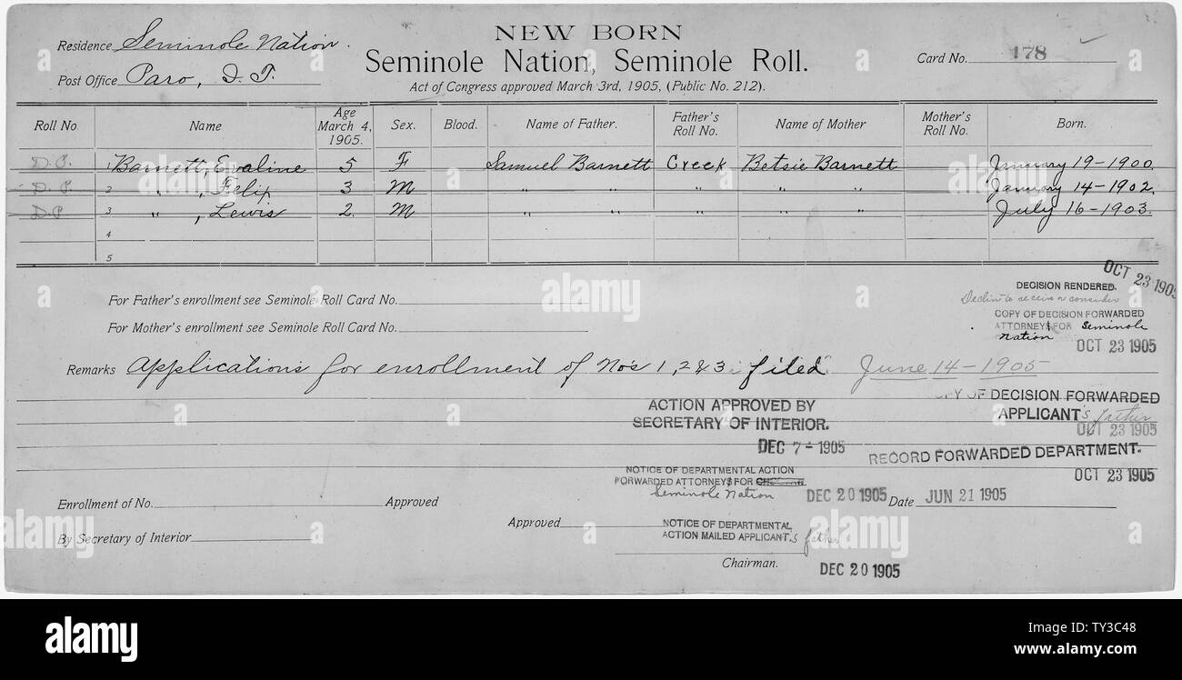 Enrollment for Seminole Census Card 178; Scope and content: Name ...