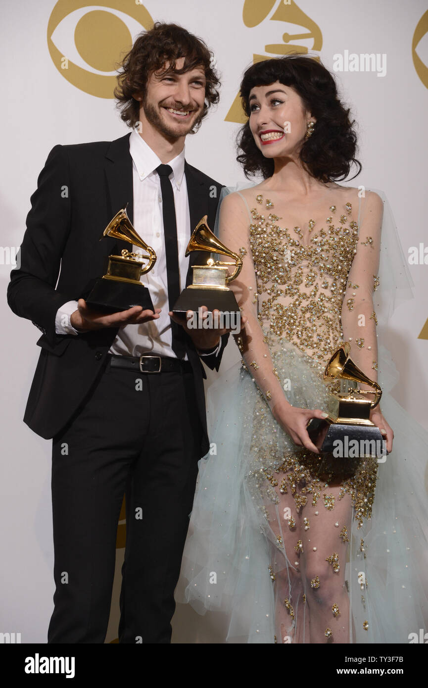 Gotye and Kimbra appear backstage with the Grammys they won at the 55th Grammy Awards at the ...