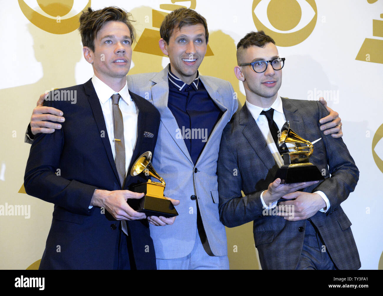Fun appears backstage with the Grammys they won at the 55th Grammy ...