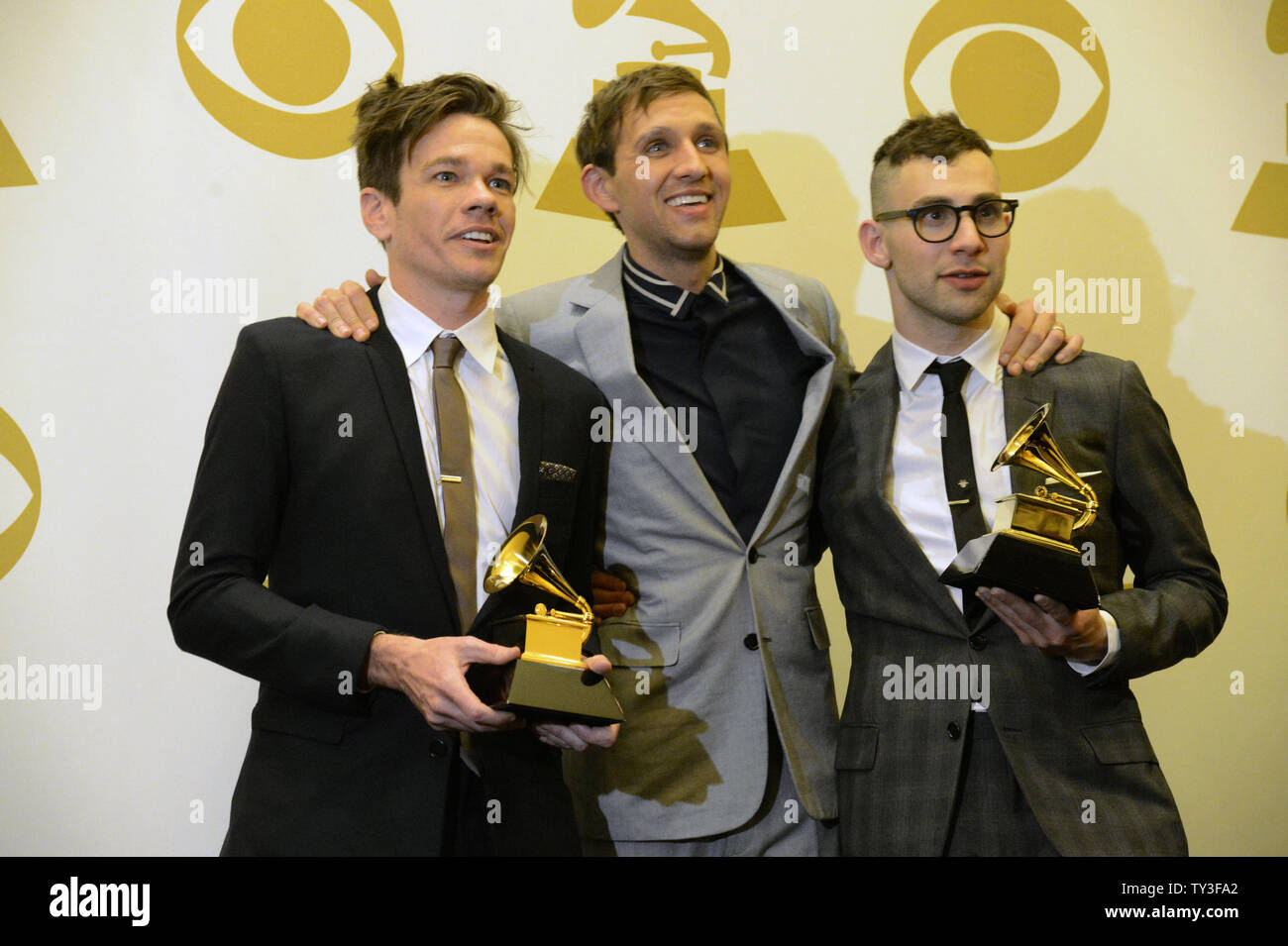 Fun appears backstage with the Grammys they won at the 55th Grammy ...