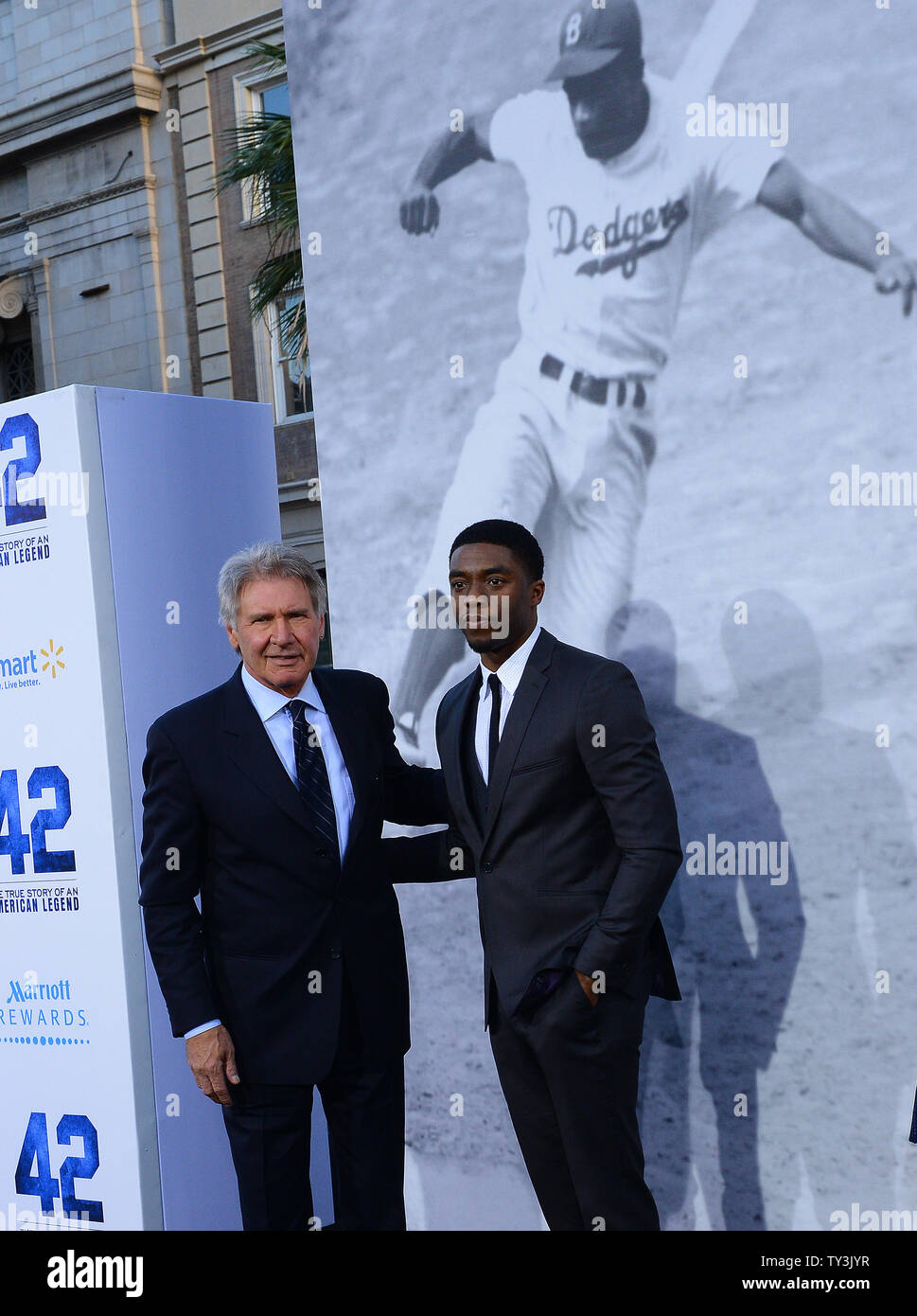 Chadwick Boseman and Harrison Ford attend the premiere of "42" at the ...
