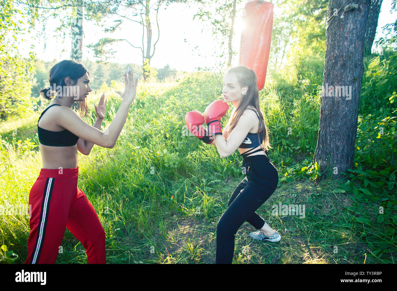 two diverse nations girls fighting boxing outside in green park, sport ...