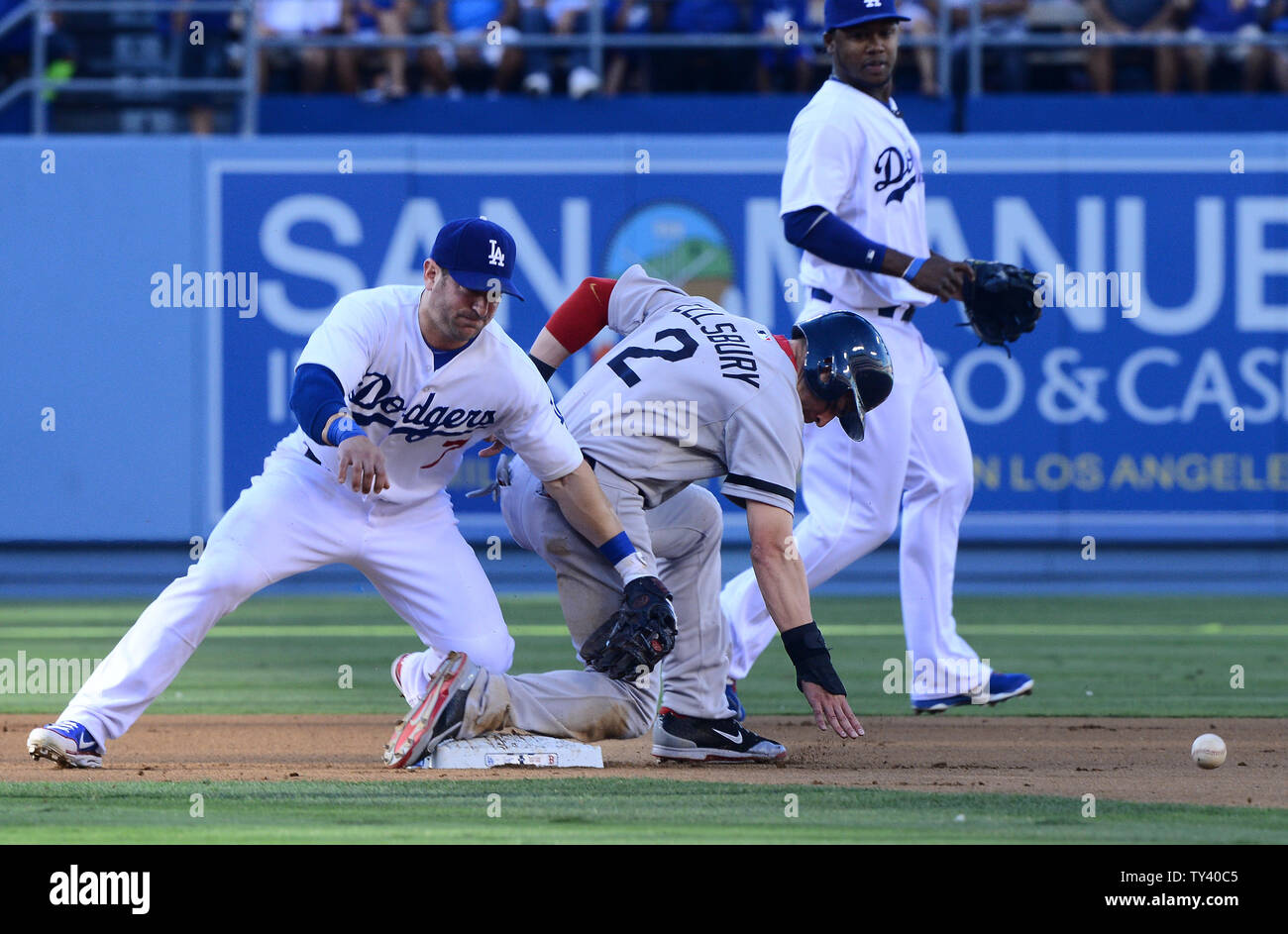 Jacoby Ellsbury is safe on the steal of 2nd base as the ball squirts away from Los Angeles ...