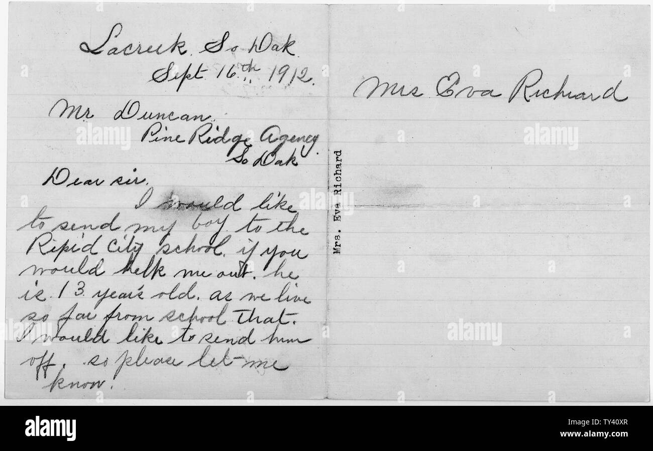 Eva Richard, Lacreek, South Dakota, to J.J. Duncan Stock Photo - Alamy