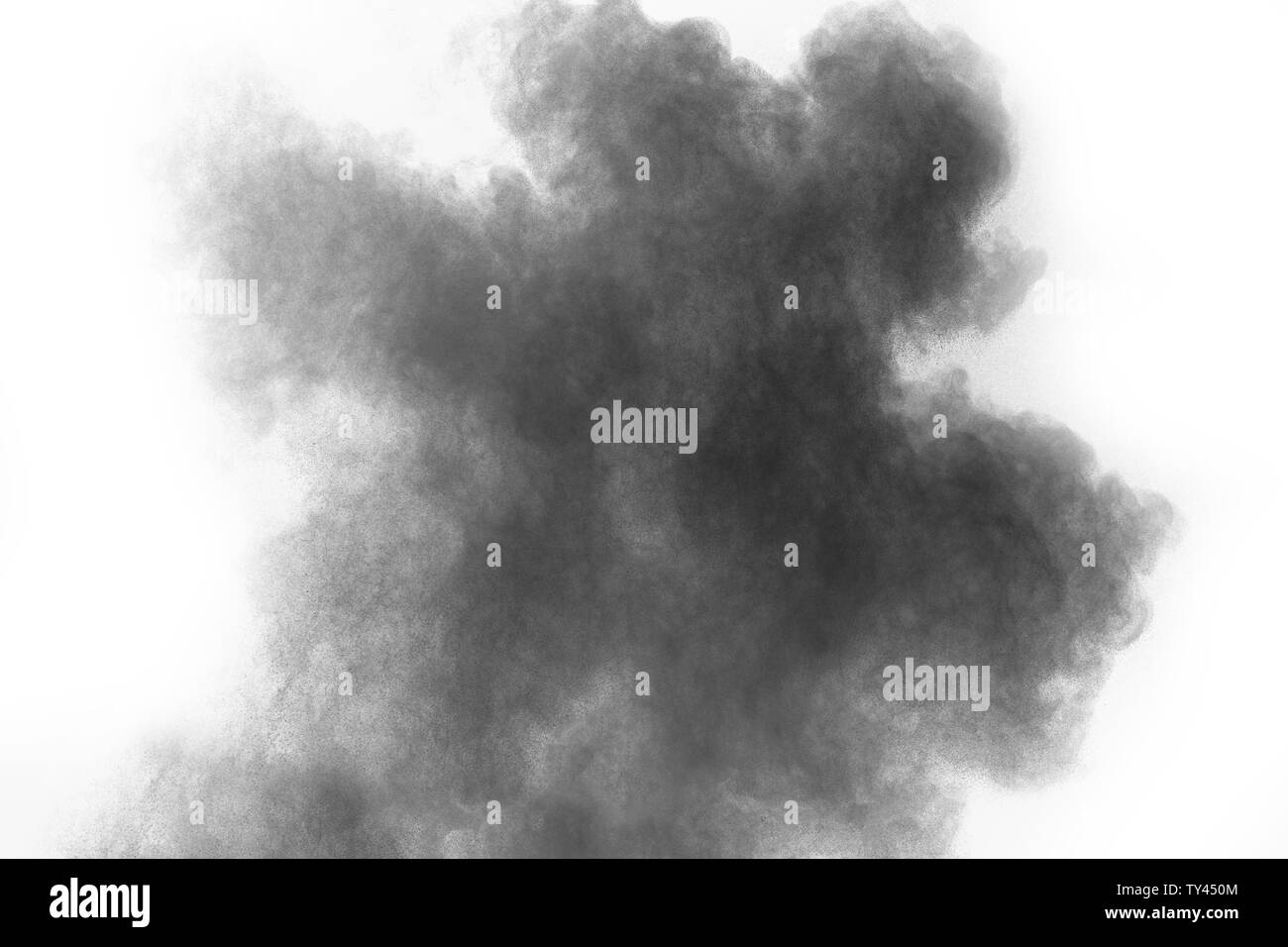 Black particles splattered on white background. Black powder dust ...