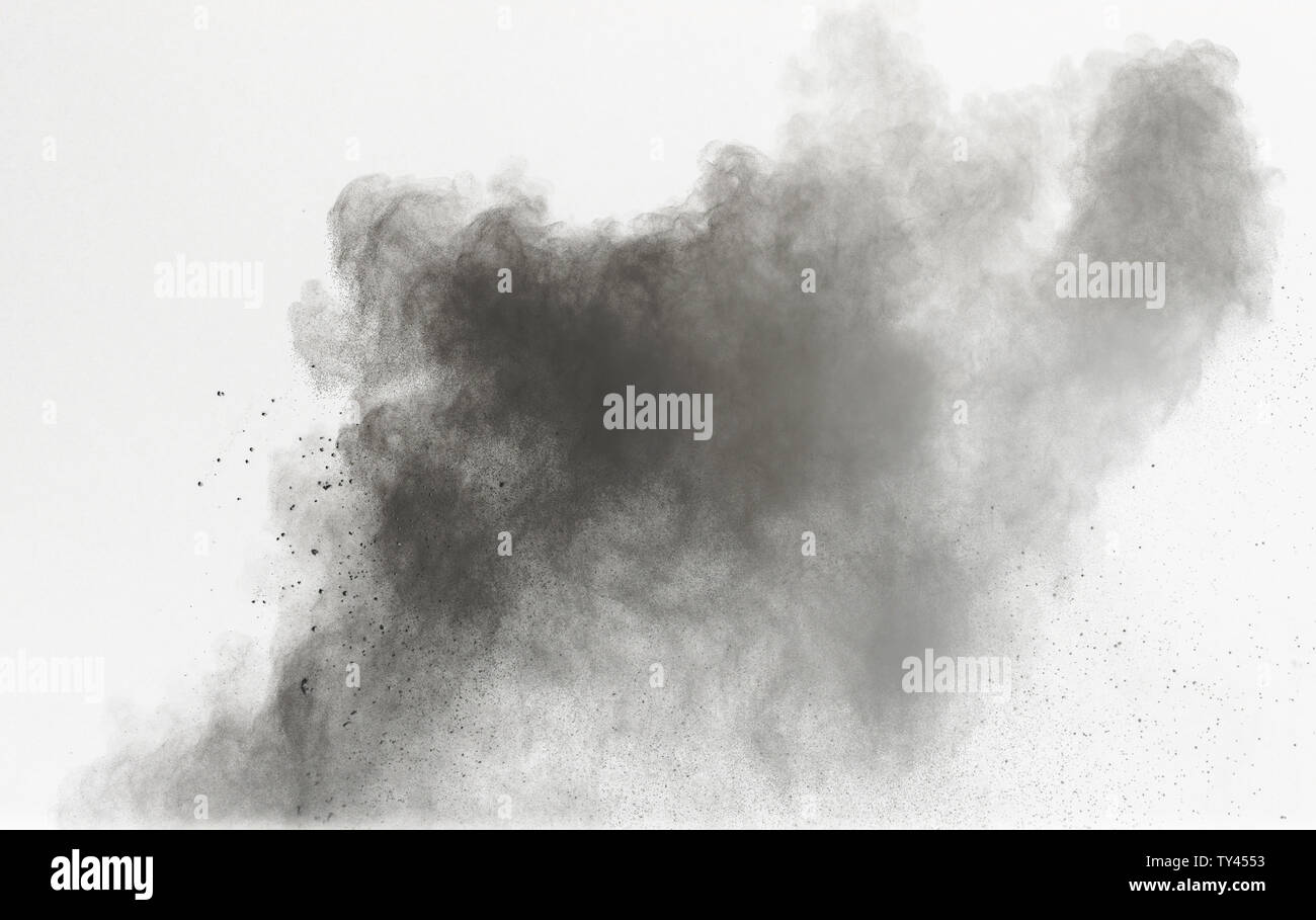 Black particles splattered on white background. Black powder dust ...