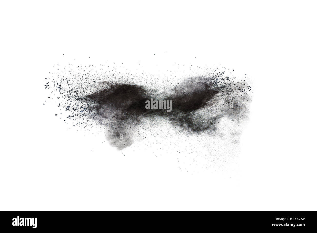 Black particles splattered on white background. Black powder dust ...