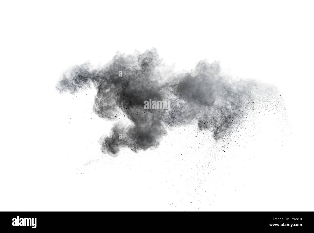 Black particles splattered on white background. Black powder dust ...