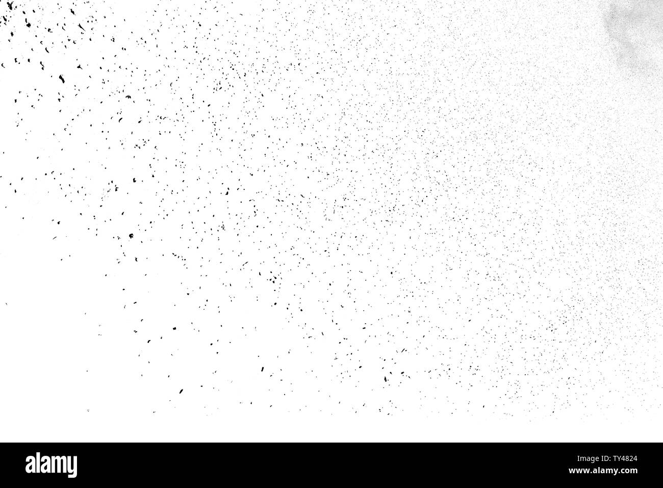 Black particles splattered on white background. Black powder dust ...