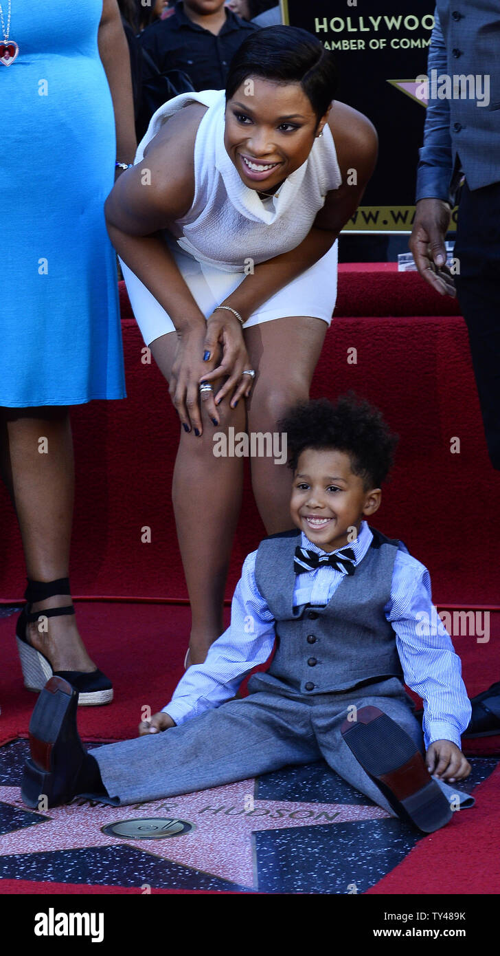 Jennifer Hudson poses with her son David Otunga Jr. during an unveiling ...