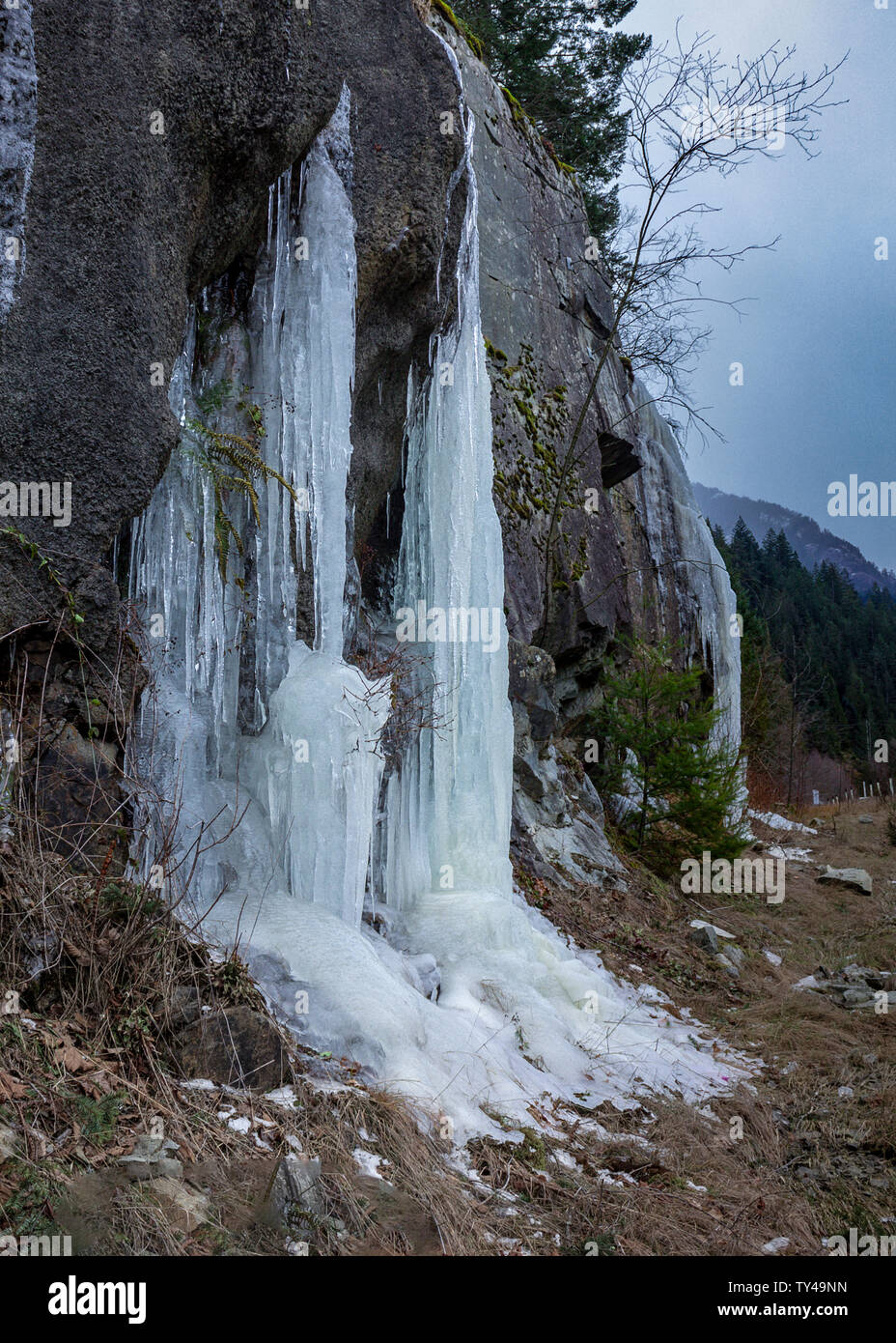 Beautiful icicles form as the water up in the mountains freezes ...
