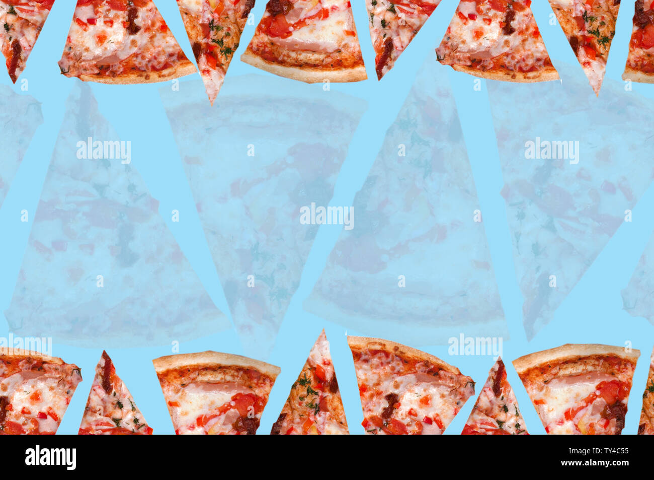 lots of triangular pizza slices in three rows on a light green ...