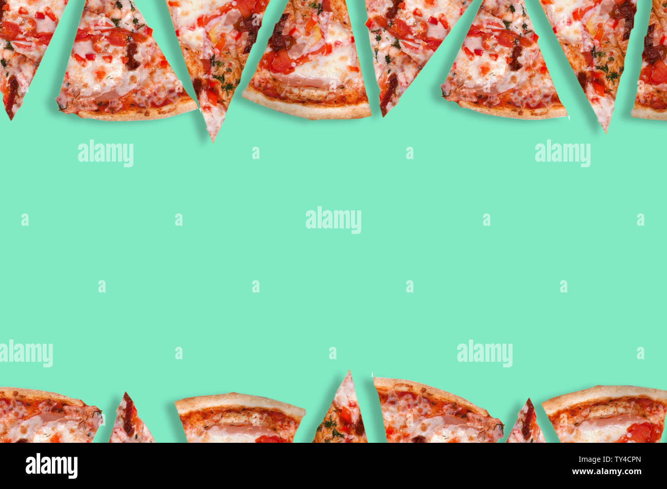triangular pieces of pizza are in two rows, the first row from the top ...