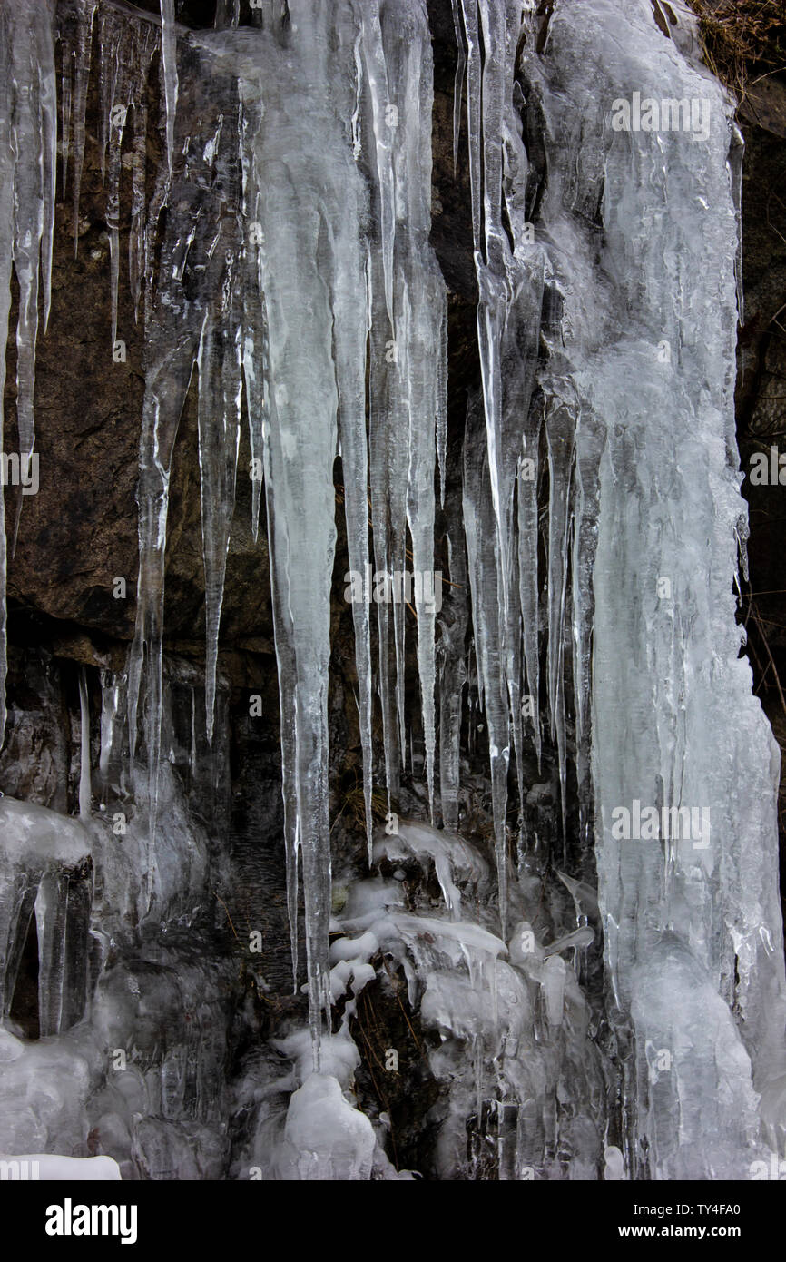 Beautiful icicles form as the water up in the mountains freezes ...