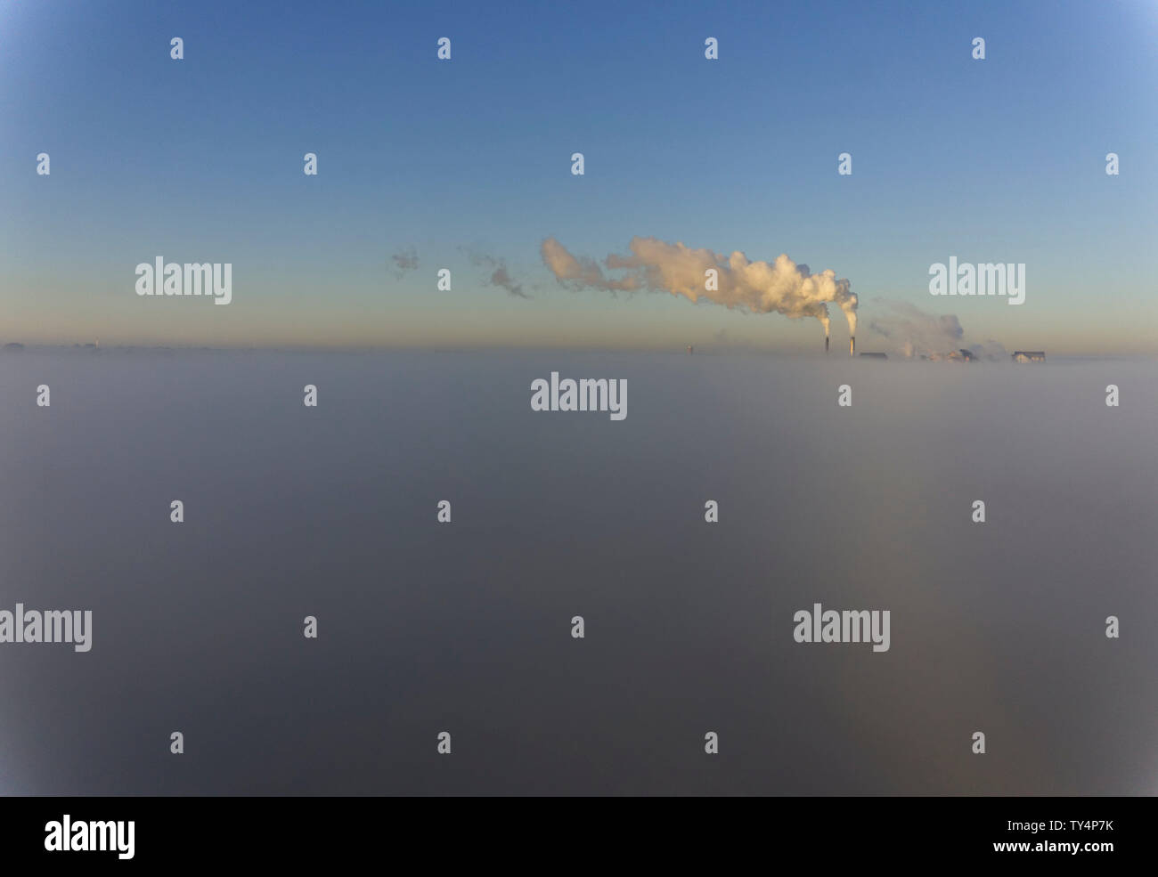 Aerial of Millaquin Mill & Bundaberg Refinery through early morning fog ...