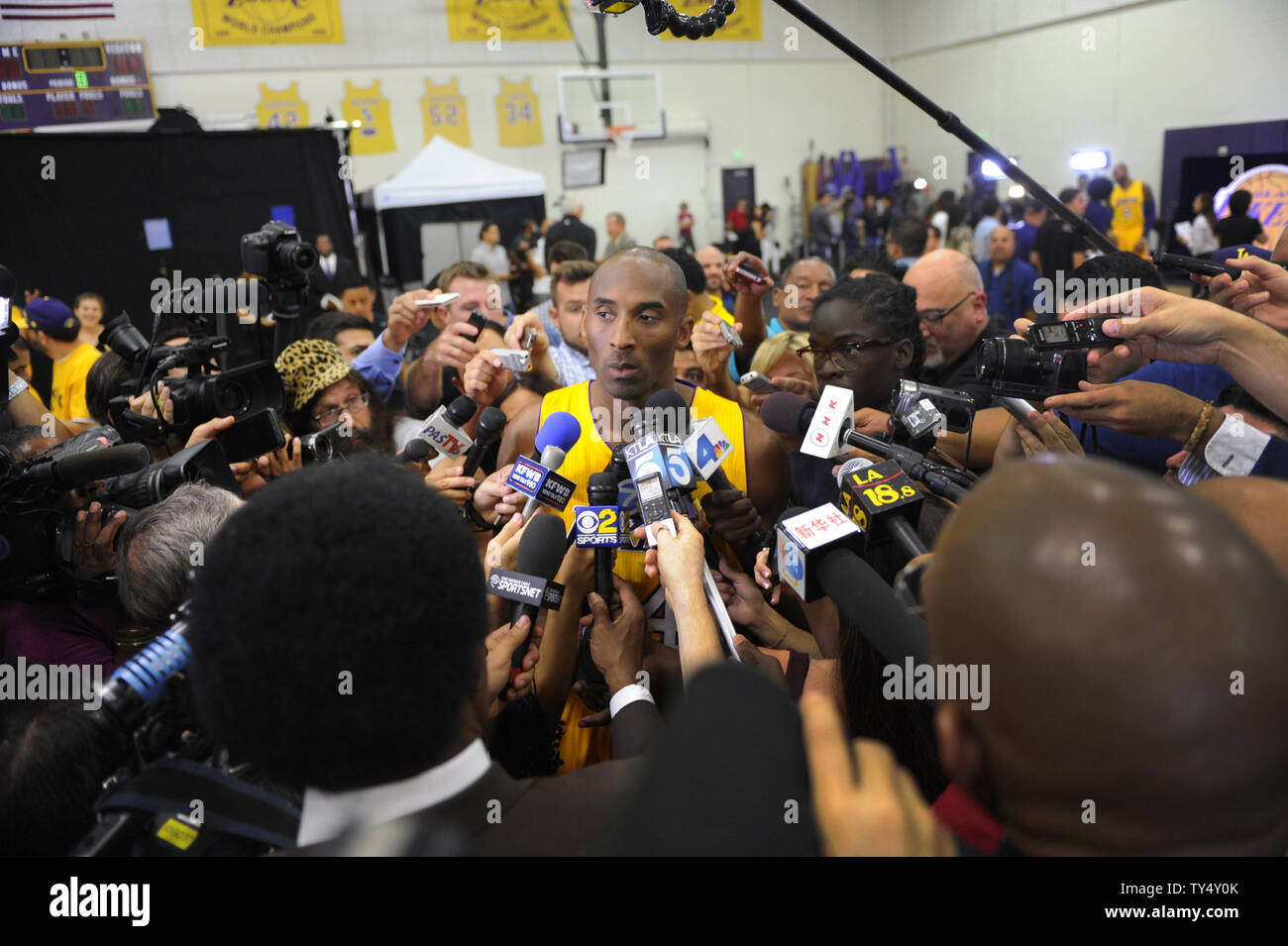 Los Angeles Lakers Kobe Bryant gives an interview at Lakers Media Day ...
