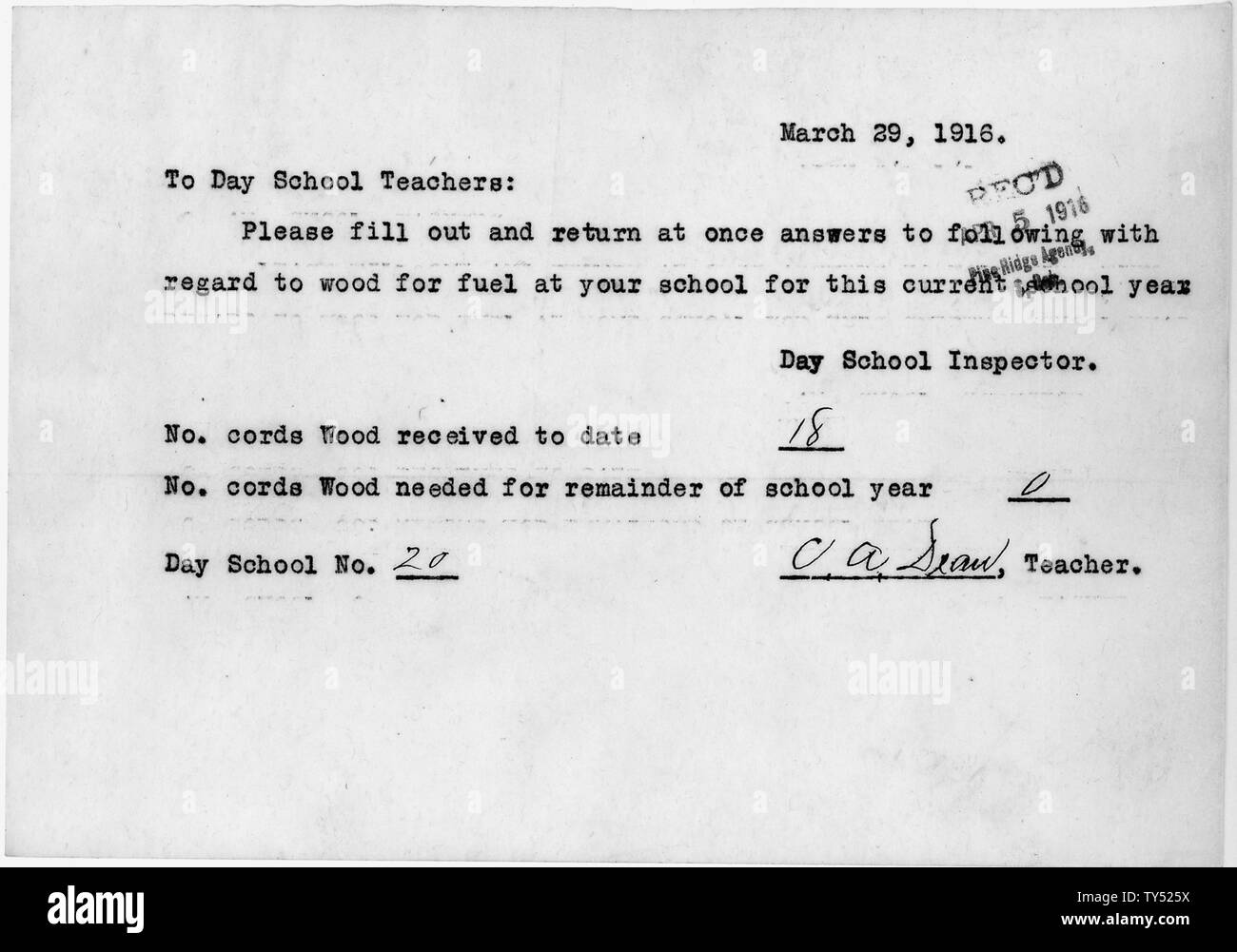 Fuel Report of C.A. Dean, Teacher, Day School Number 20 Stock Photo - Alamy