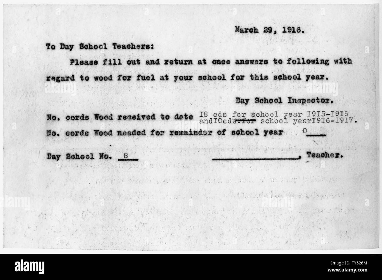 Fuel Report of Teacher, Day School Number 8.; General notes: Day School ...