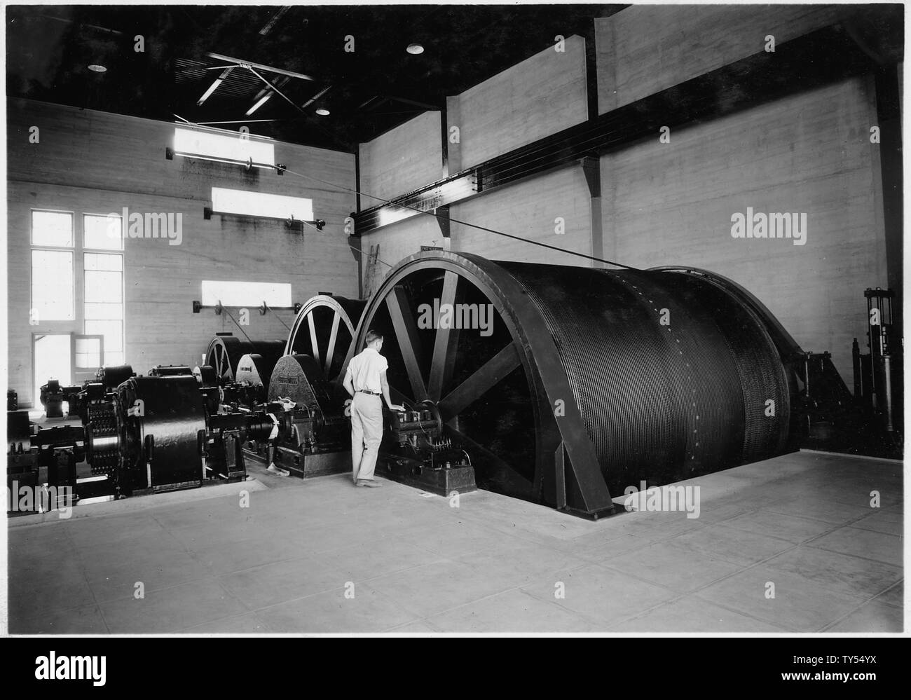 General view of interior of hoist house, 150-ton cableway. View looking ...