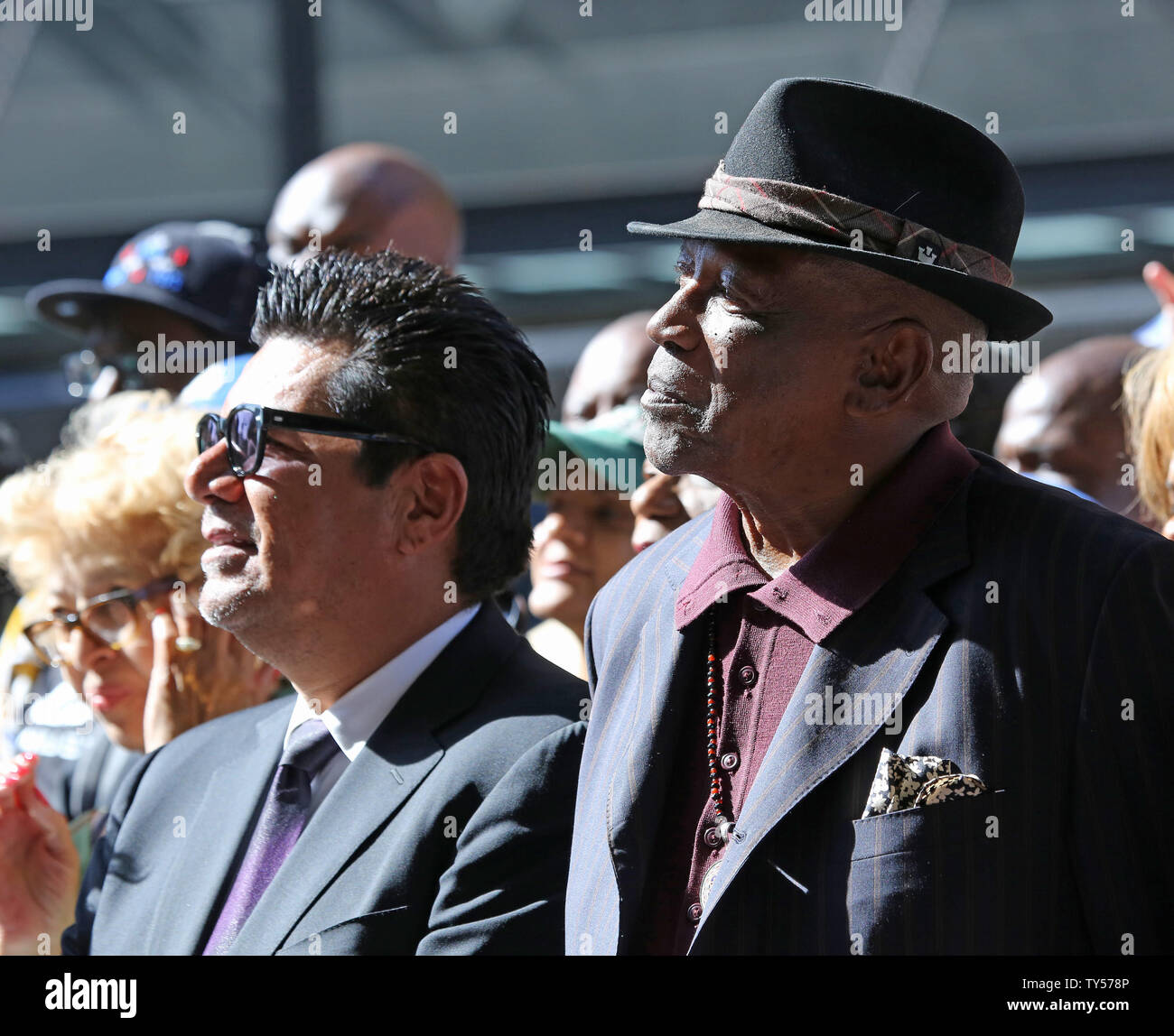 George Lopez (L) and Lou Gossett Jr. await the start of the unveiling ...