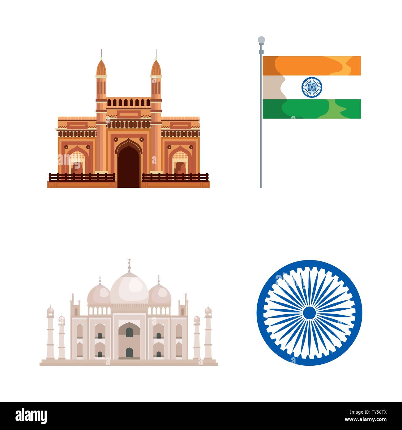 set of architecture with taj mahal and india emblem with flag Stock ...