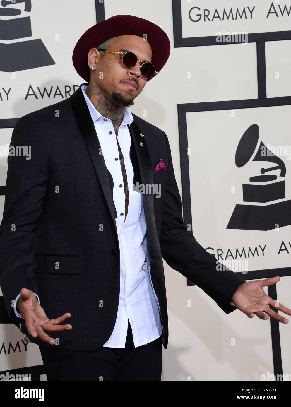 Singer Chris Brown arrives for the 57th Grammy Awards at Staples Center ...