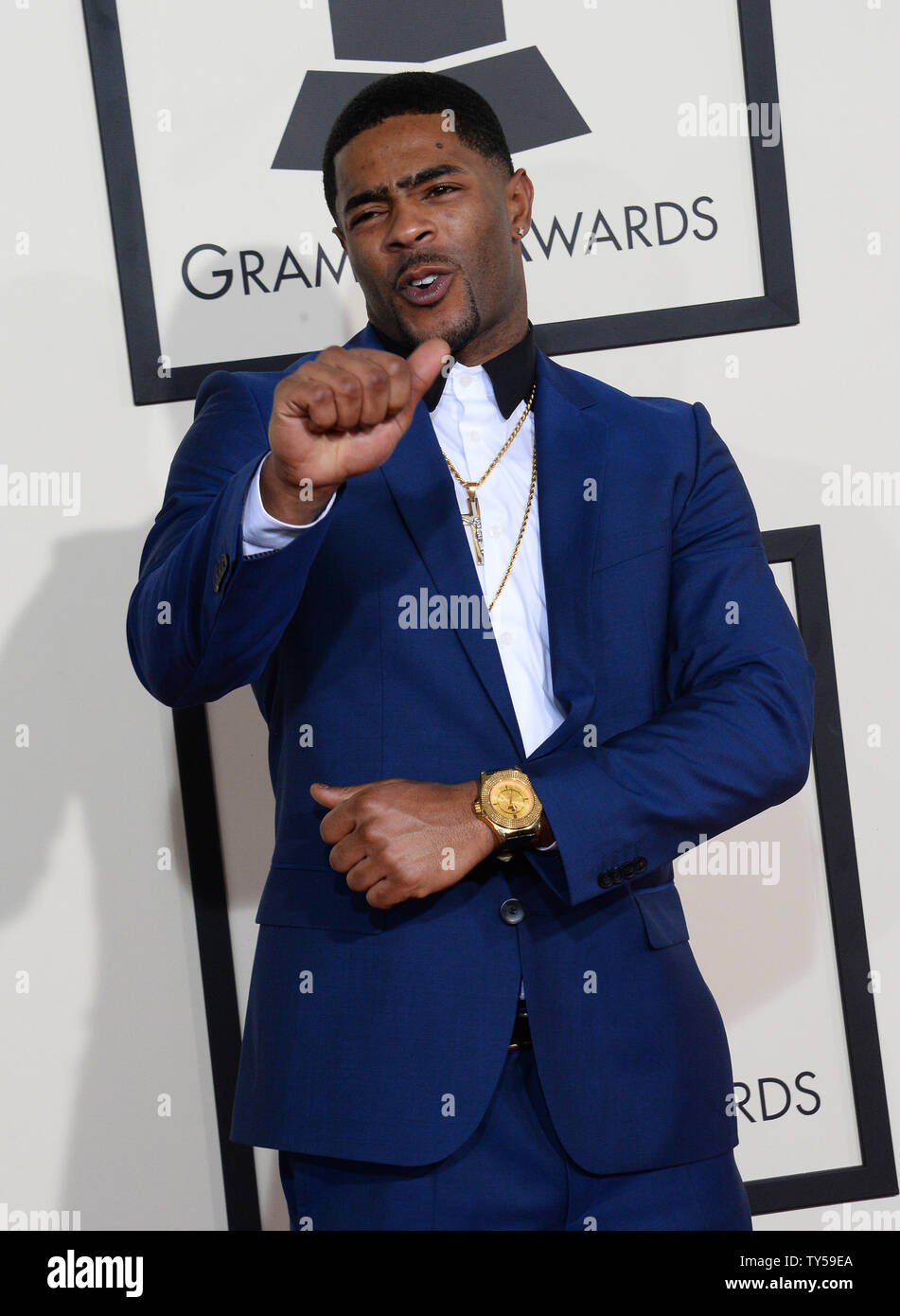NFL player Malcolm Butler arrives for the 57th Grammy Awards at Staples ...