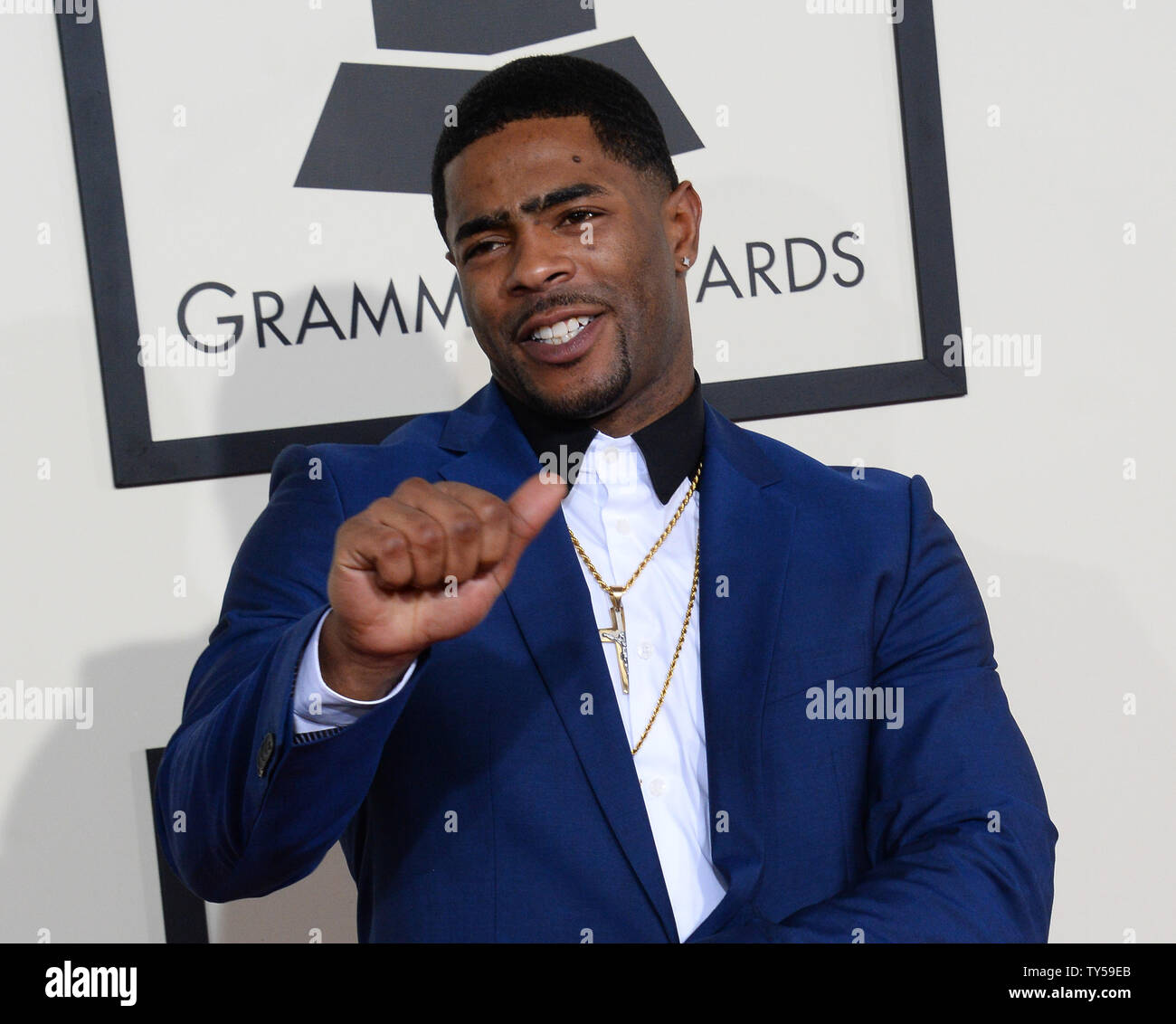 NFL player Malcolm Butler arrives for the 57th Grammy Awards at Staples ...