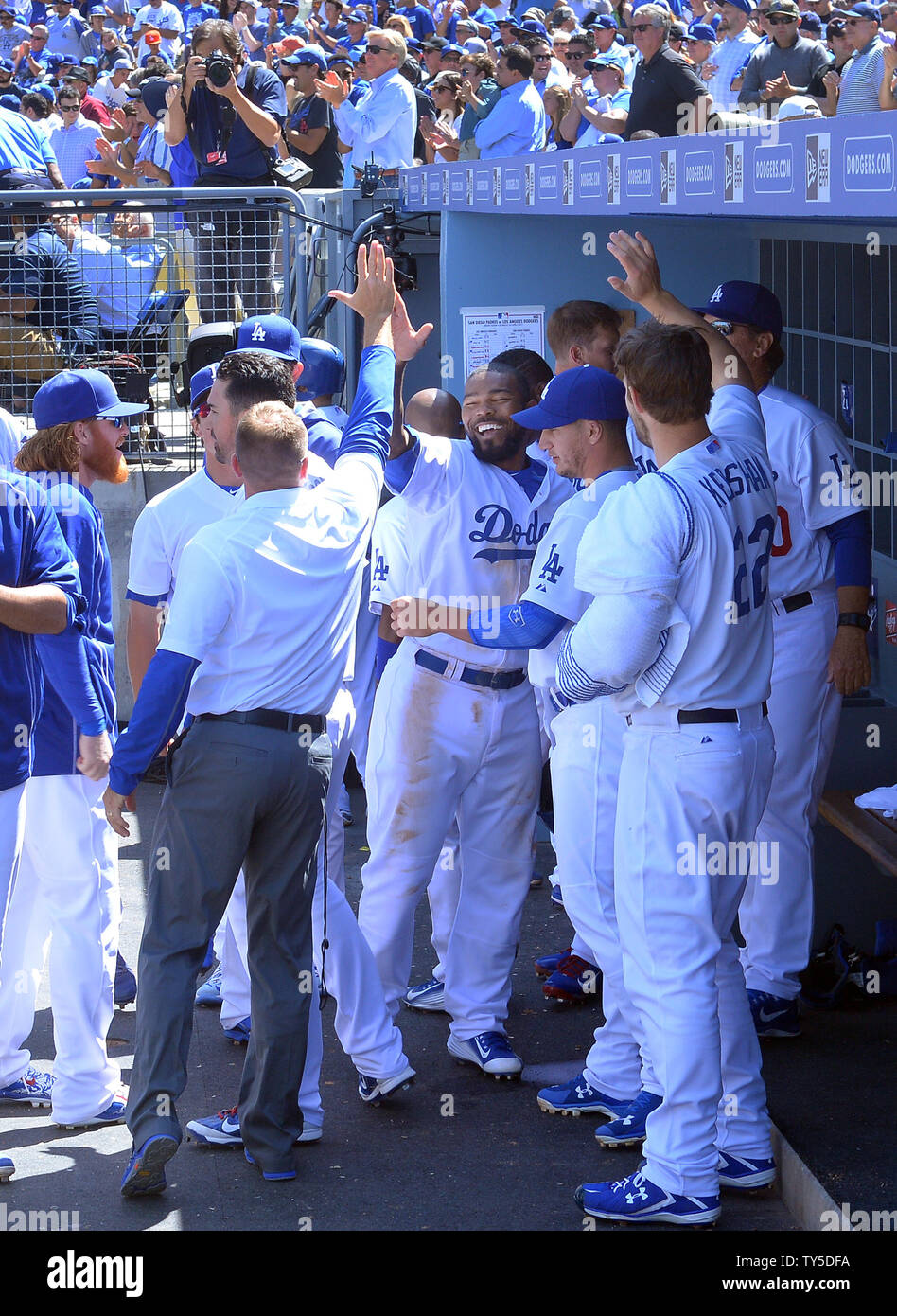 Los Angeles Dodgers' short stop Jimmy Rollins (C) celebrates with his ...