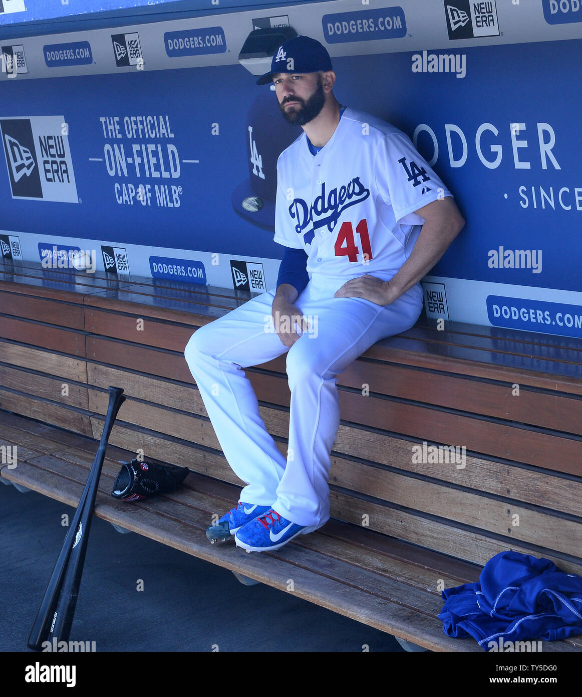 Los Angeles Dodgers' closing pitcher Chris Hatcher looks on in the ...