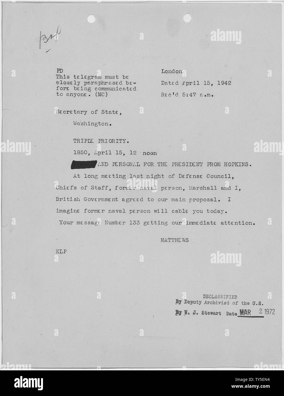 Harry Hopkins to Franklin D. Roosevelt Stock Photo - Alamy