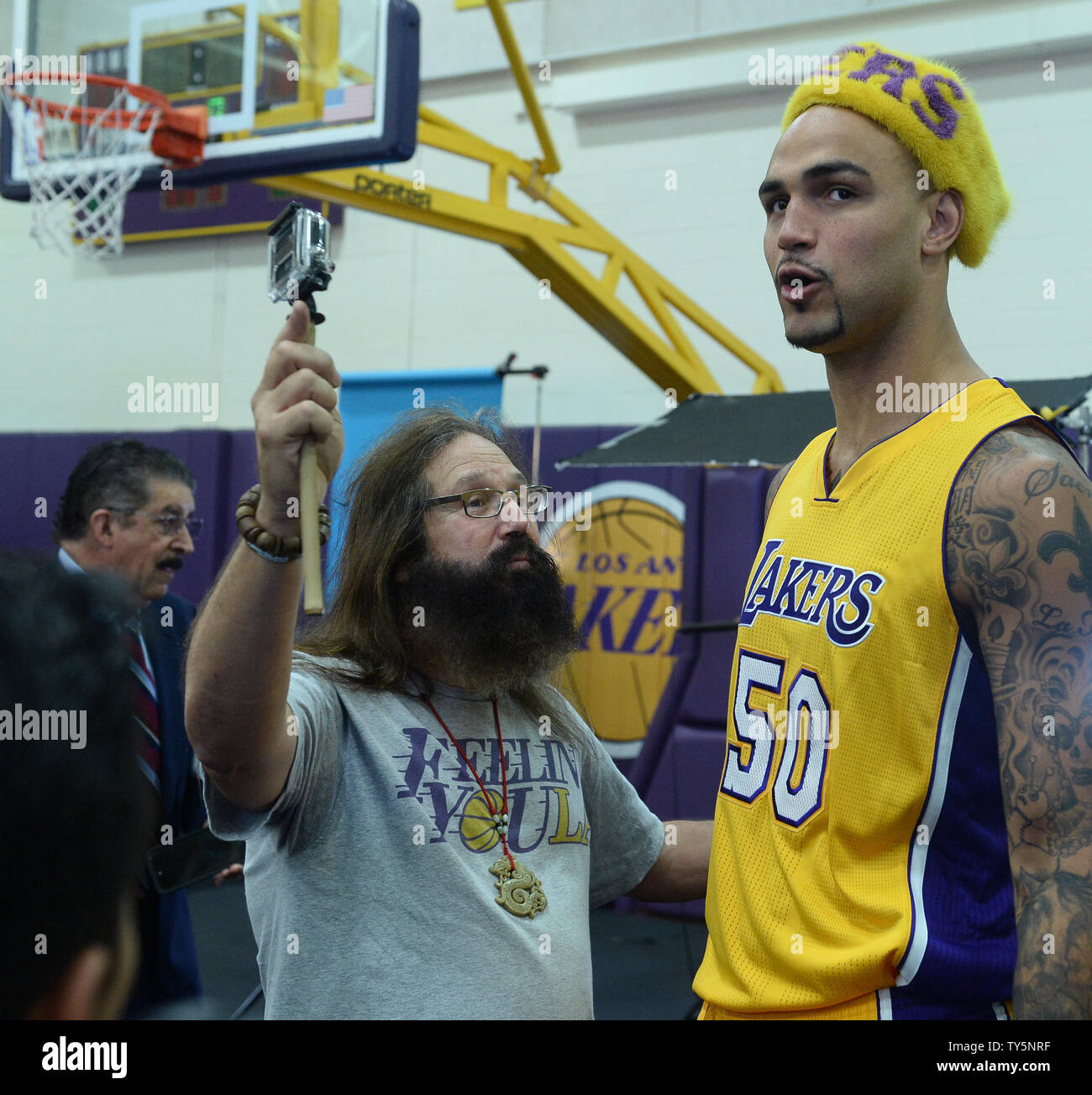 Los Angeles Lakers' Robert Sacre is interviewed during Lakers media day ...