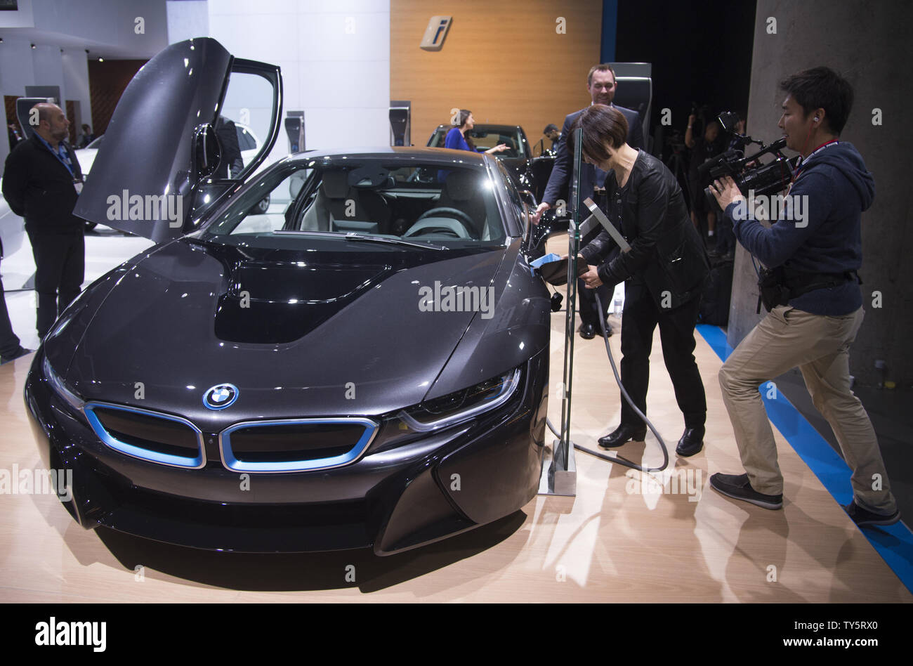 A BMW i8 is seen at the LA Auto Show held at the Convention Center in ...