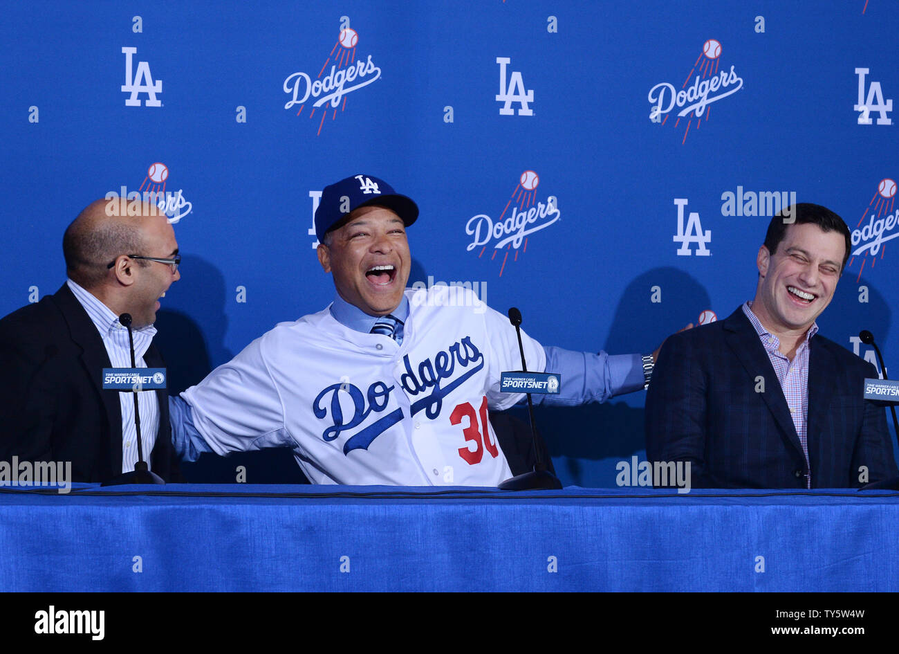 Dave Roberts (C), a former Dodger is introduced as the 10th manager of ...