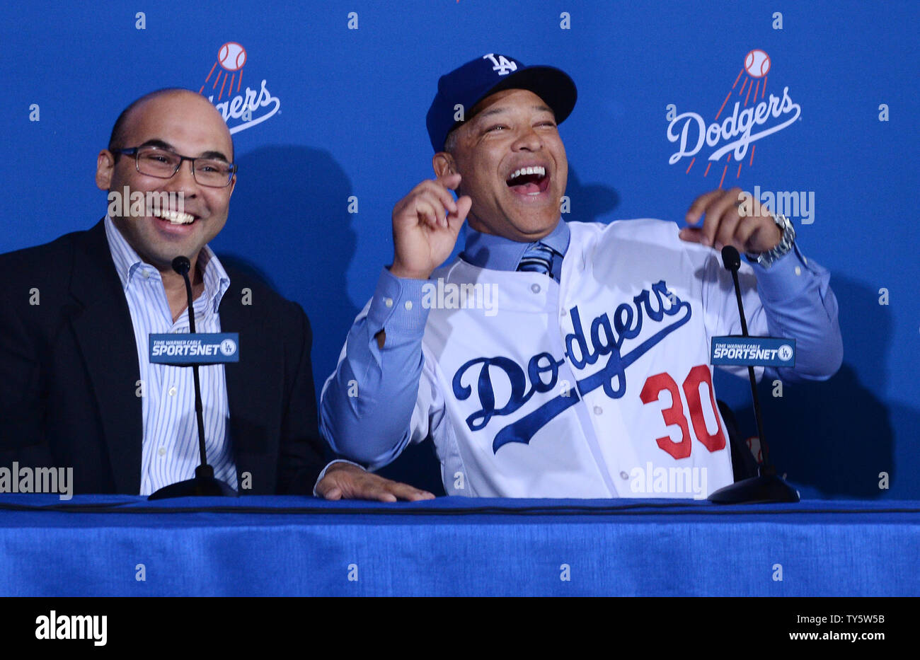 Dave Roberts (R), a former Dodger is introduced as the 10th manager of ...