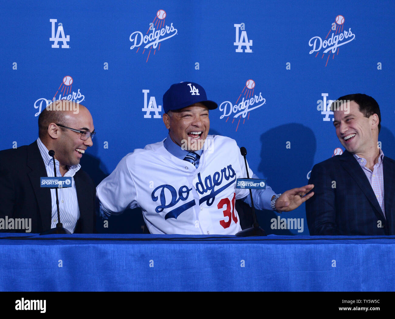 Dave Roberts (C), a former Dodger is introduced as the 10th manager of ...
