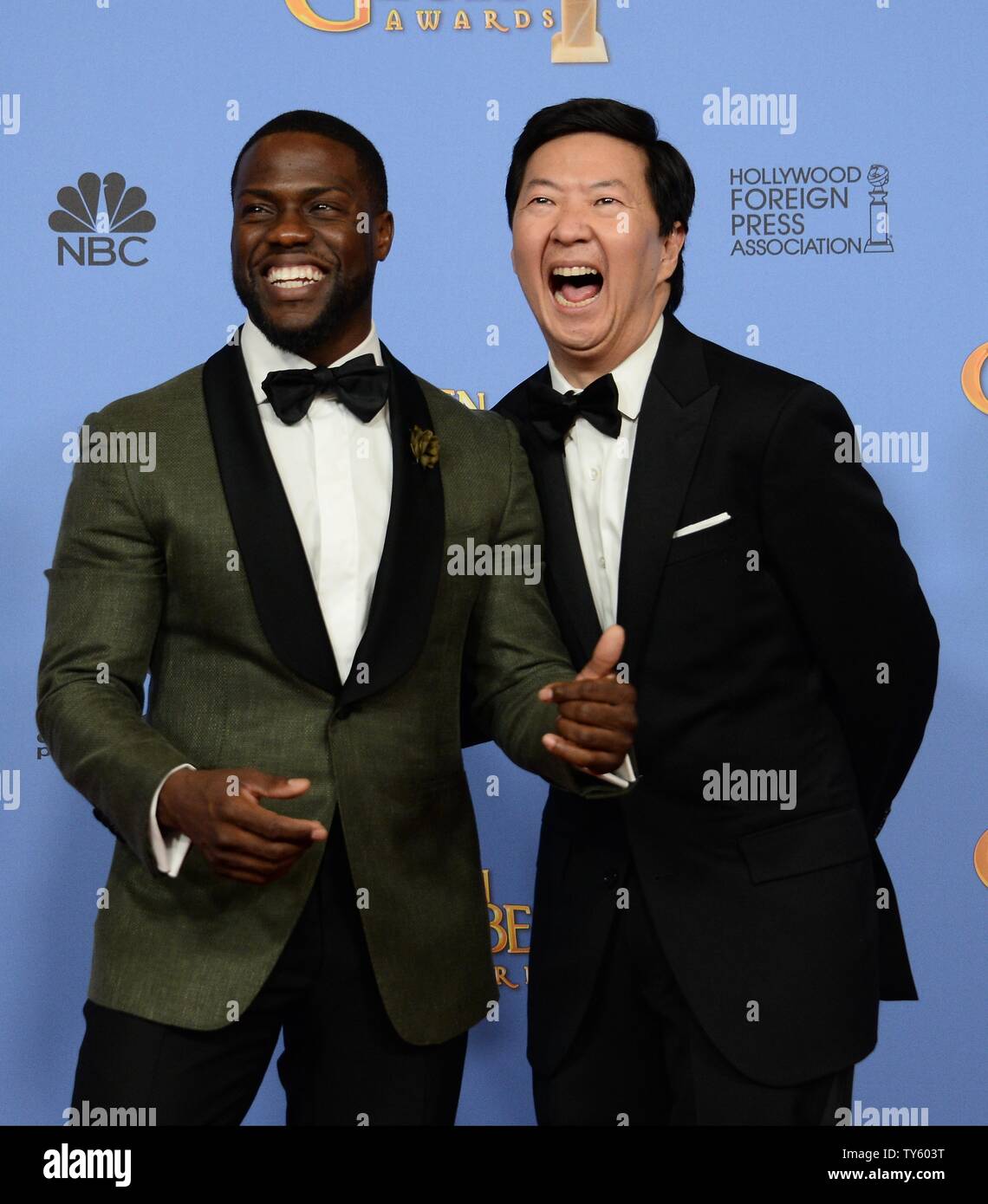 Actors Kevin Hart, left, and Ken Jeong appear backstage during the 73rd ...