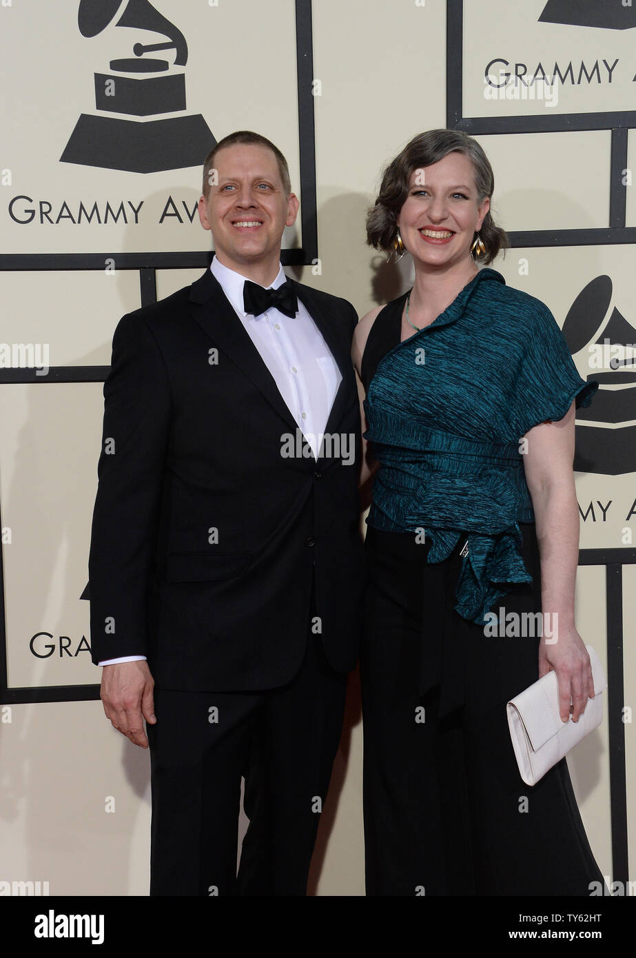 Matthew Duvall, left, and Lisa Kaplan arrive for the 58th annual Grammy ...